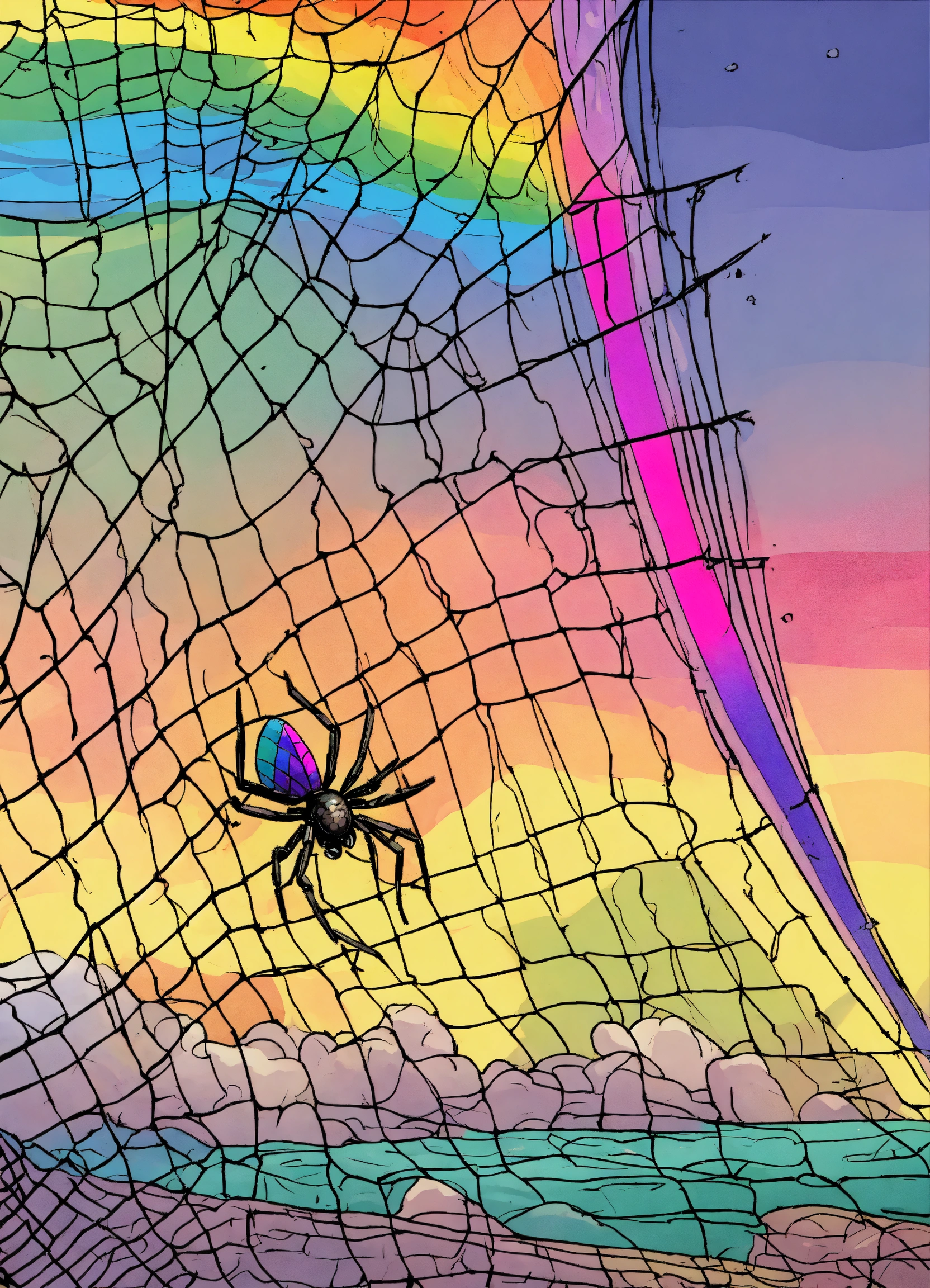 Lexica - A spider hodling a rainbow in his net , comic style