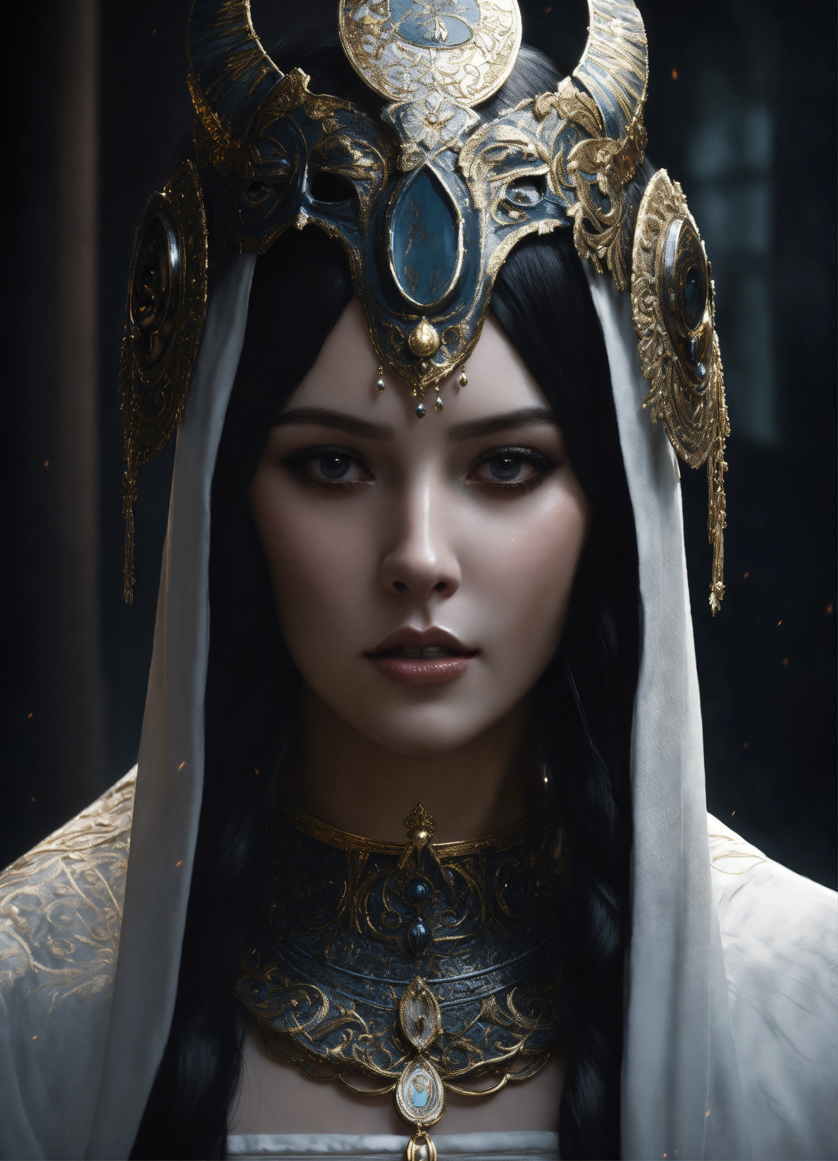 Lexica - Wearing white porcelain mask. Dark priestess, black hair dark ...