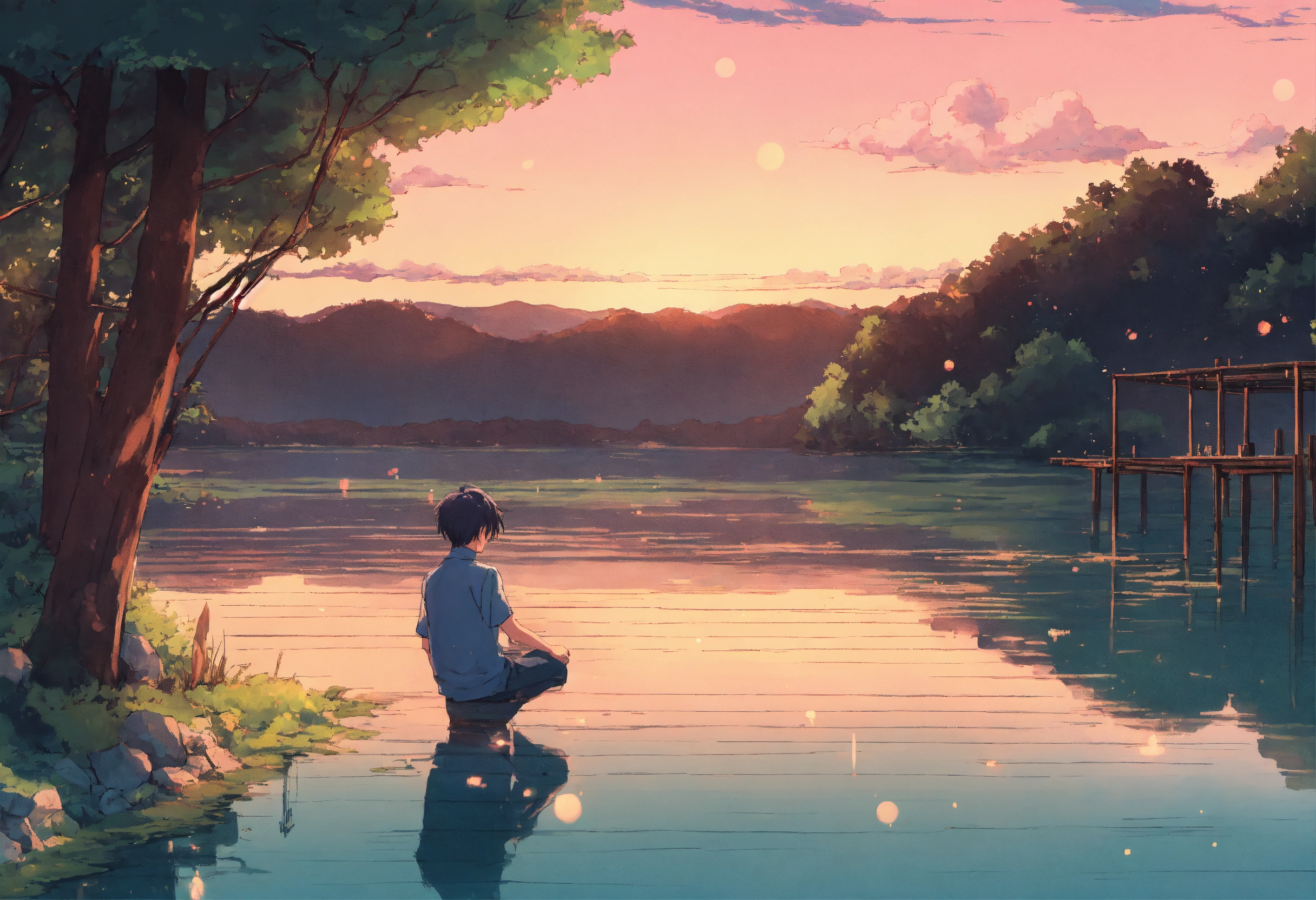 Lexica - A relaxing manga lofi lake with a manga boy