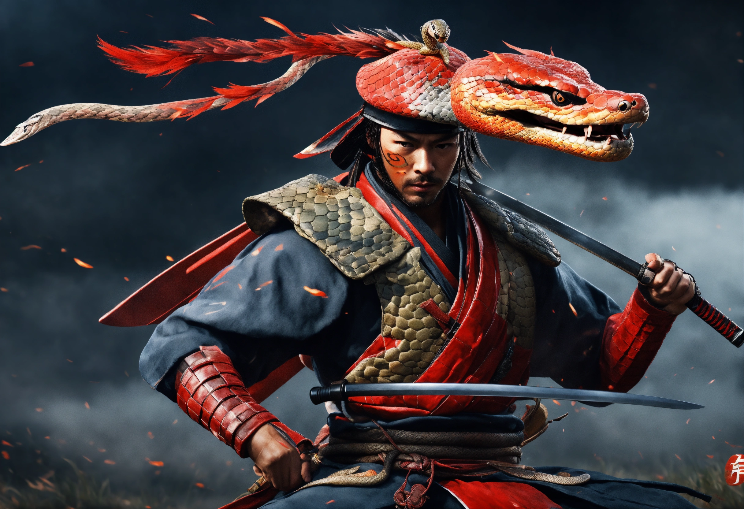 Lexica - Snake Samurai. Battlefield. Hyper realistic.