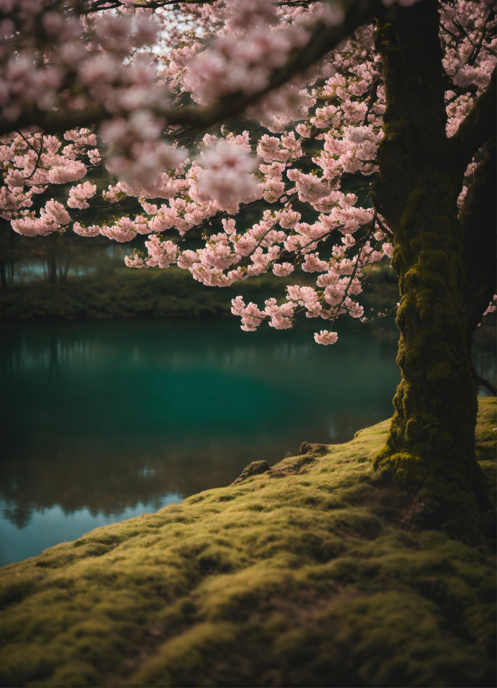 Lexica - Minimal, cinematic, a blooming cherry blossom tree, forest ...