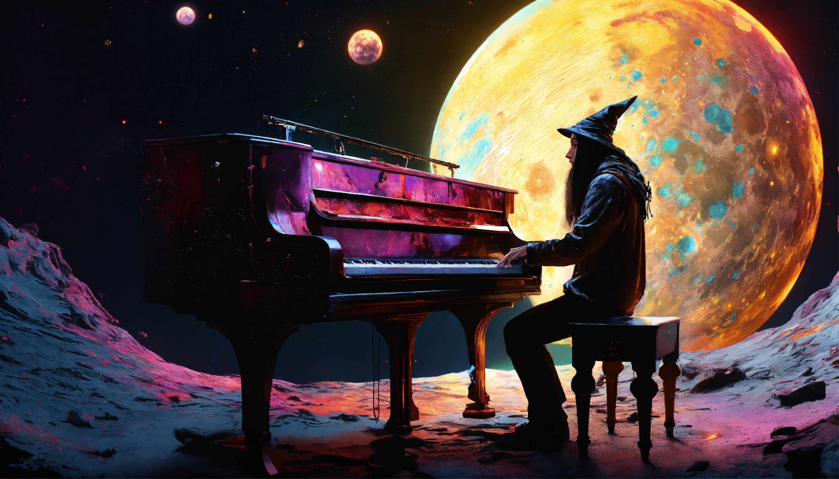 Lexica - Side profile of a wizard playing a piano on the moon. Piano is ...