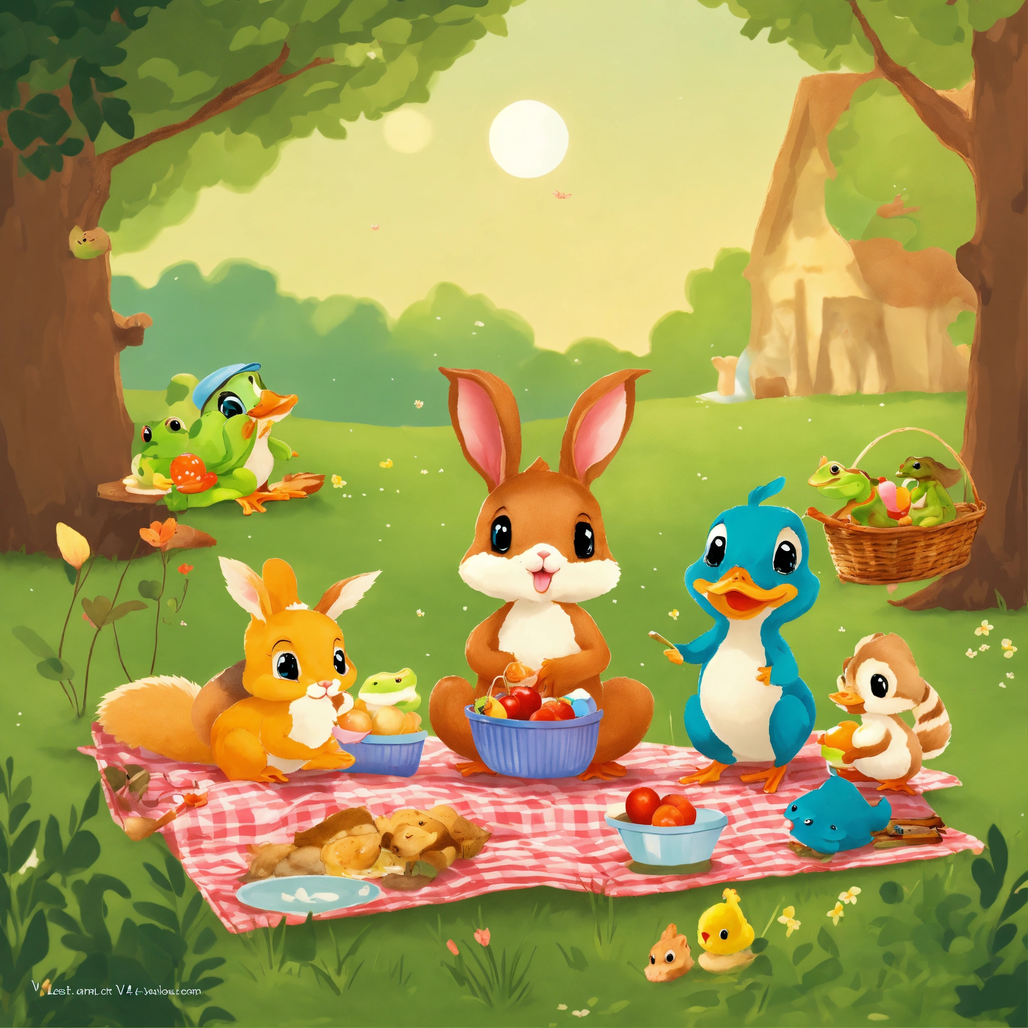 Lexica - Little bunny, squirrel, duck, and frog having a picnic. --v 4