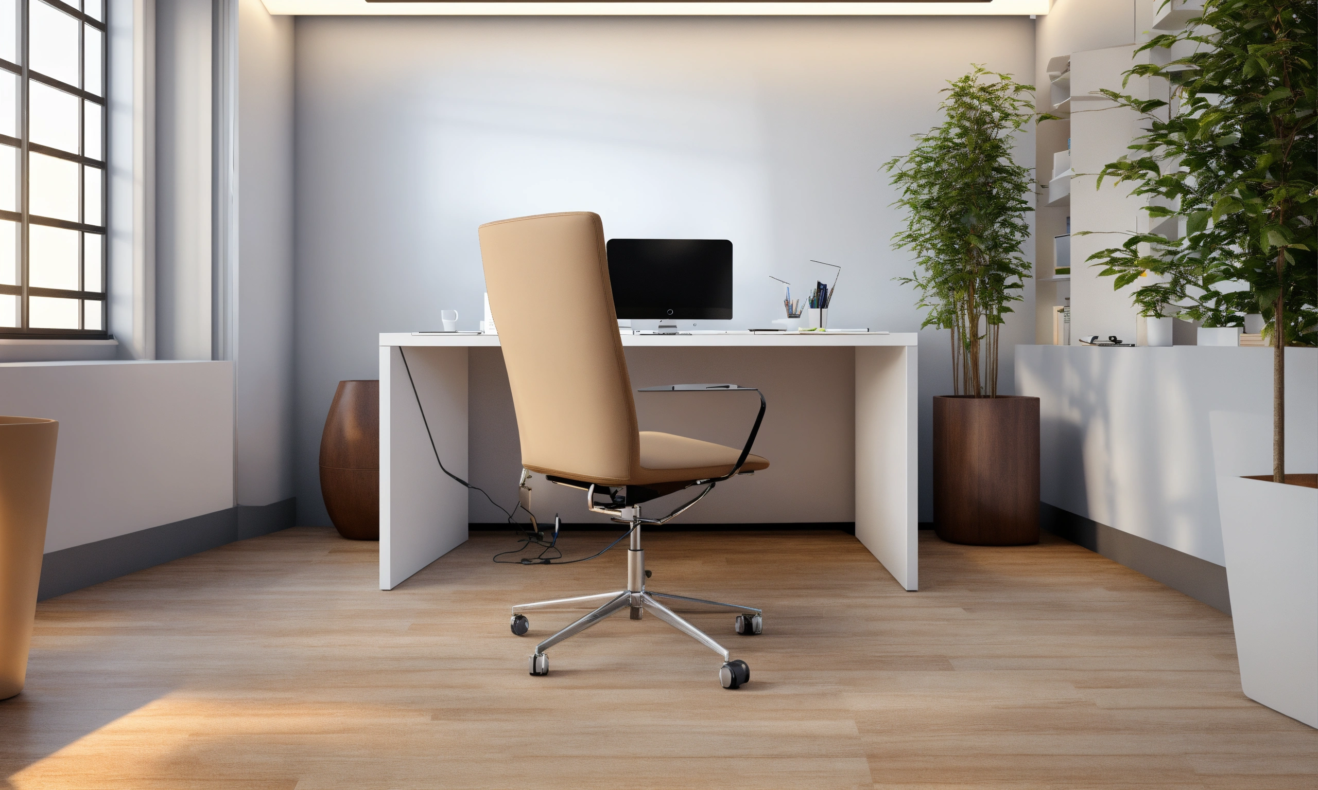 Lexica - White wood office desk, close up, cubic office, computer ...