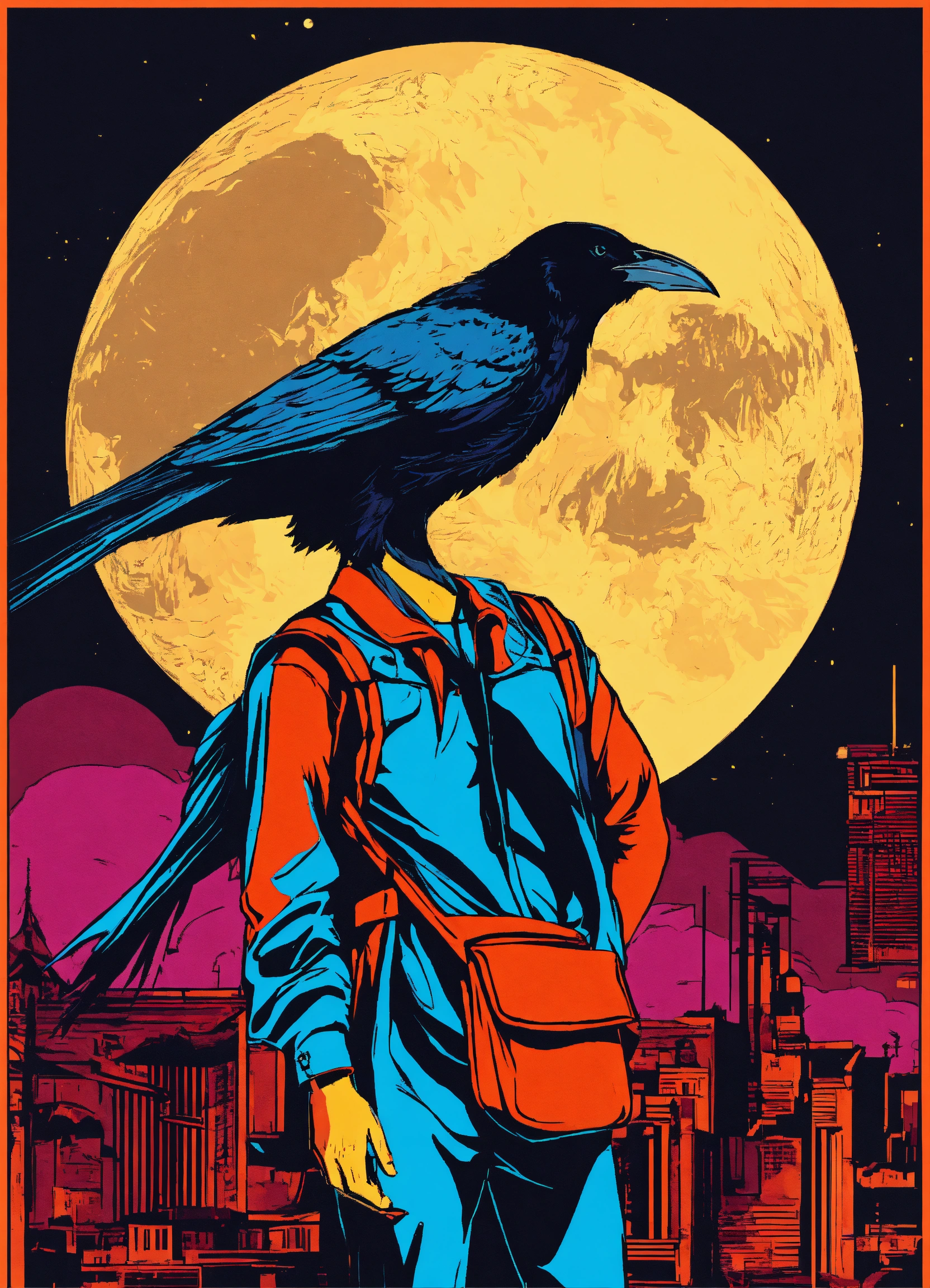 Lexica - Fit young man, holding crow, full moon, pop art