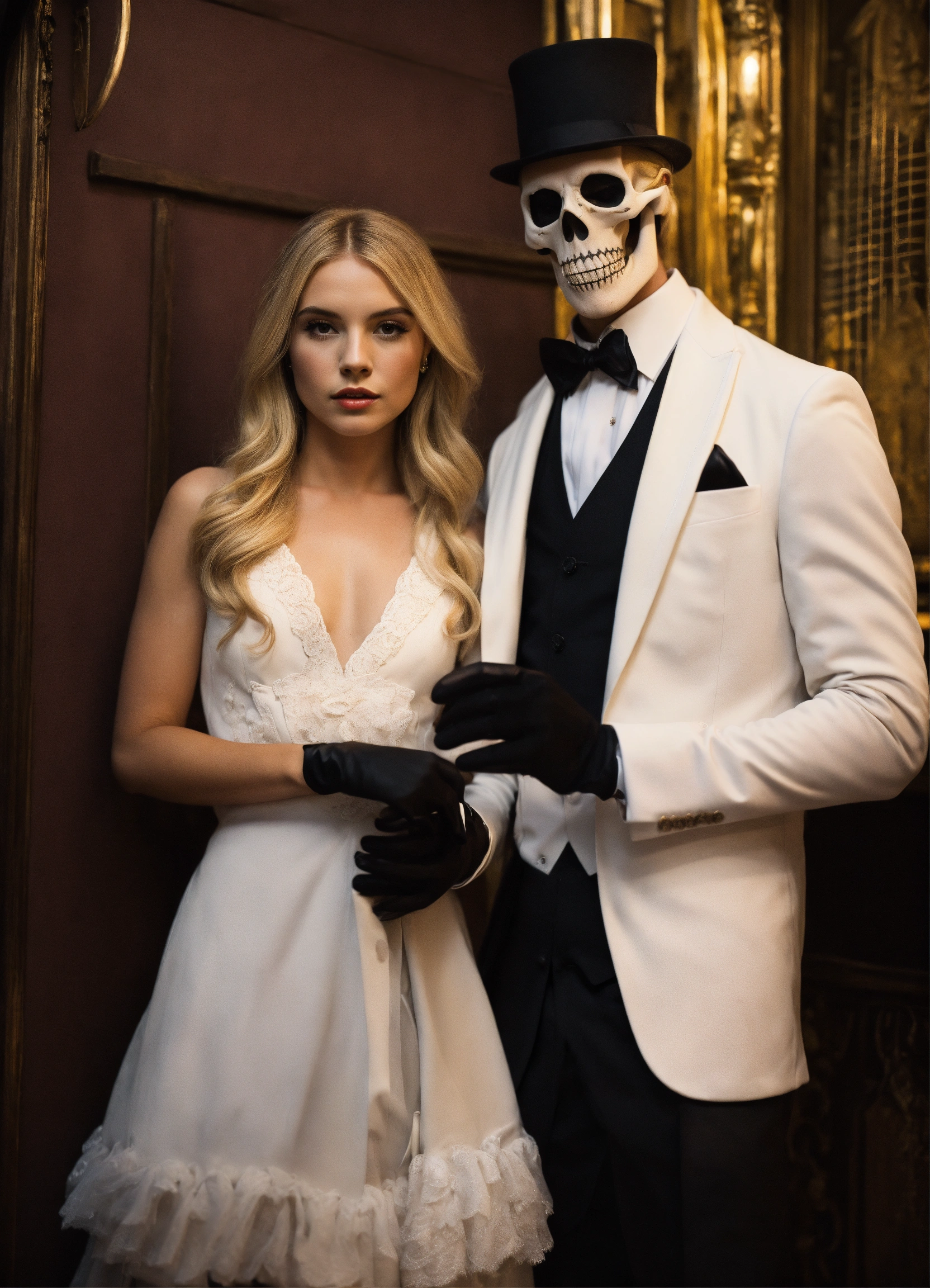 Lexica - Skeleton gentleman and blonde girl in a white suit and black ...