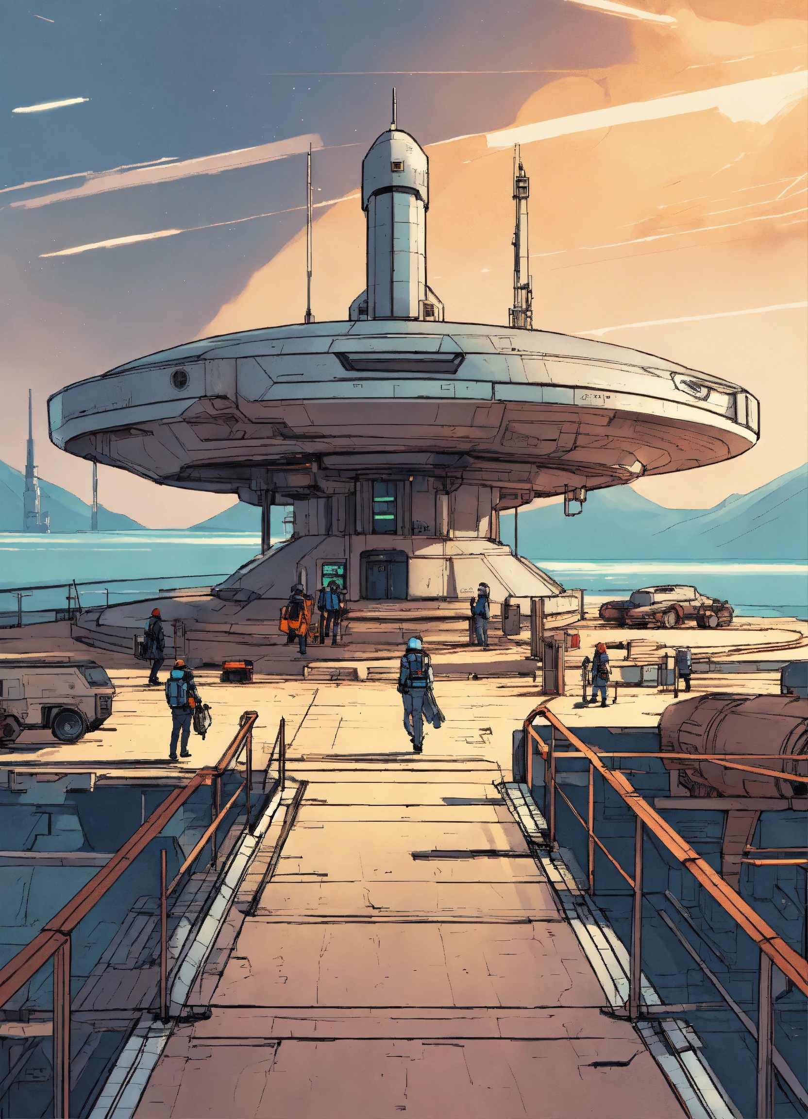 Lexica - A large open futuristic dock for spaceships. People walking ...