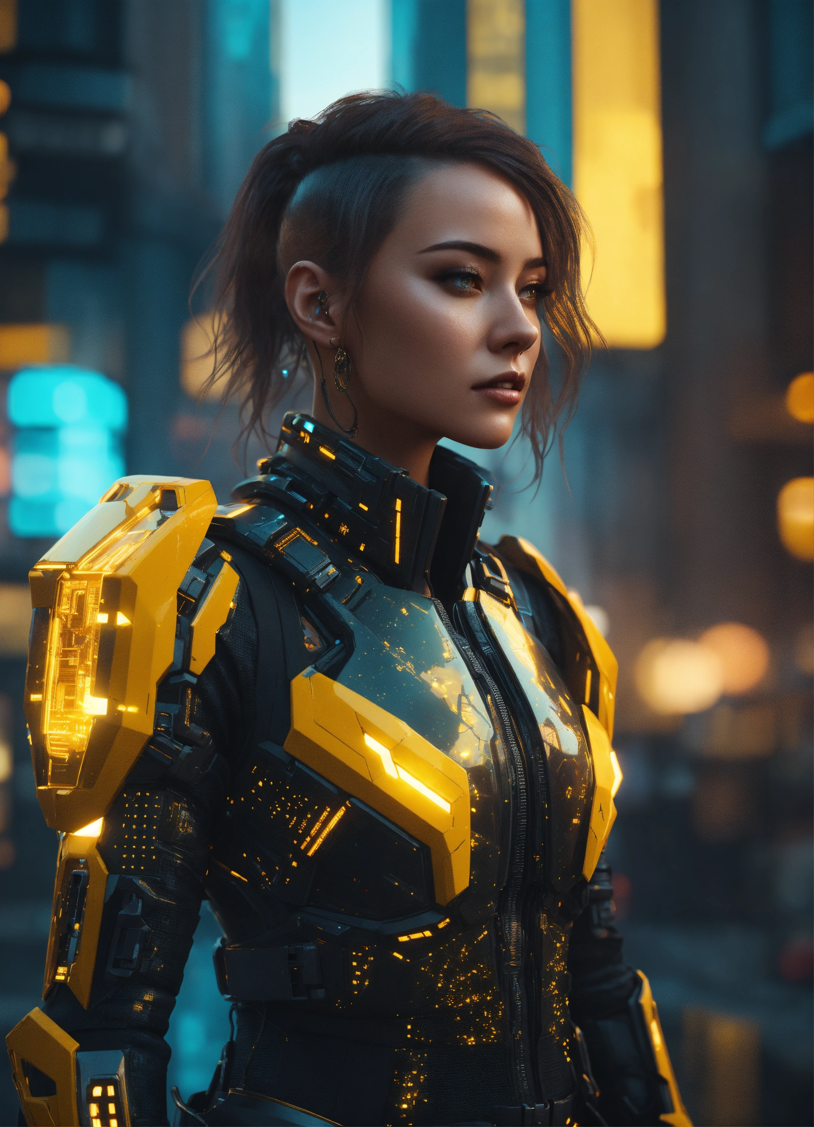 Lexica - A beautiful woman wearing black and citrine body armor ...