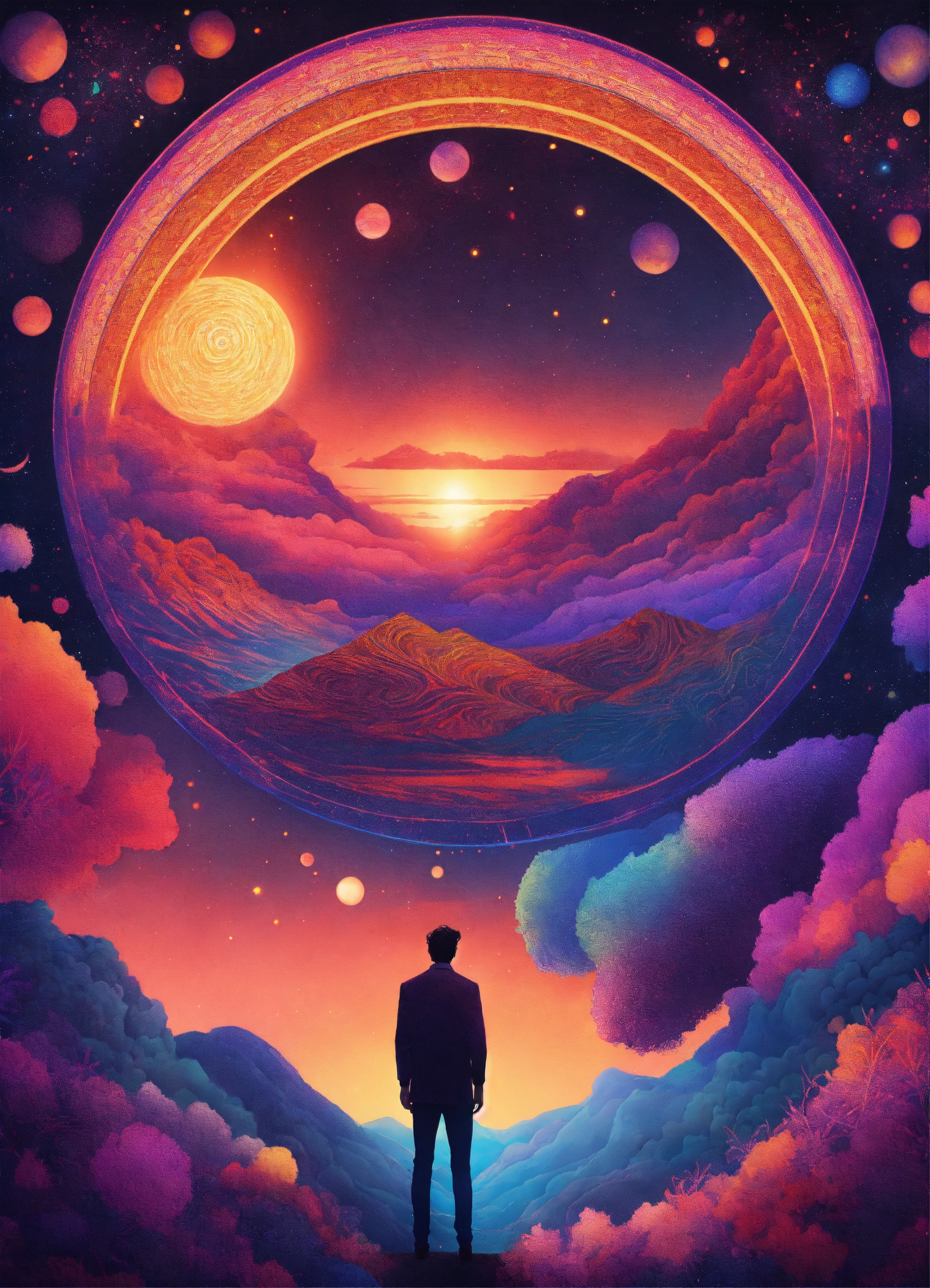 Lexica - Man looking into the universe , Psychedelics patterns and shapes , sunset