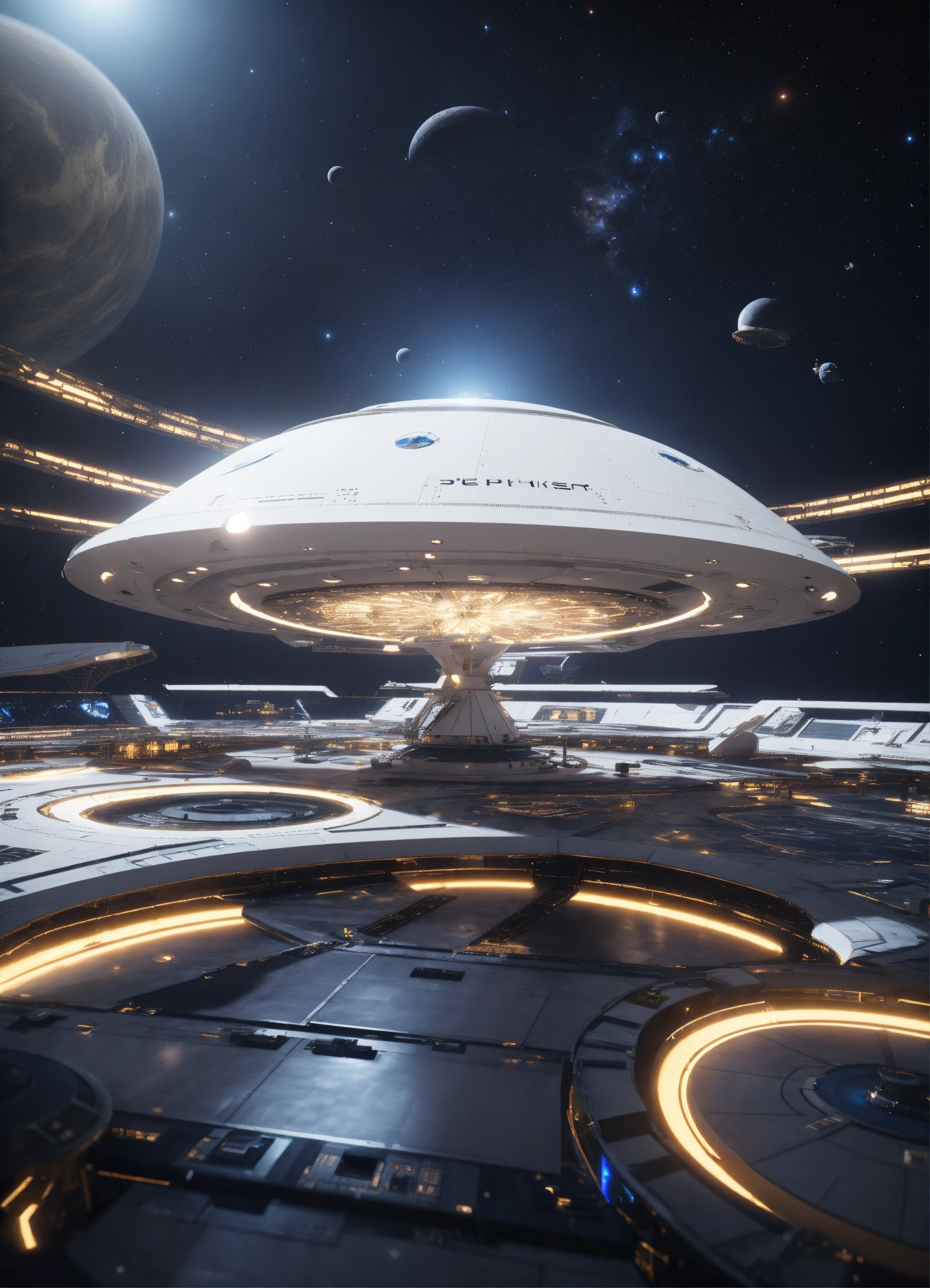 Lexica - Beautiful white disc shaped spaceport hub flying floating in ...