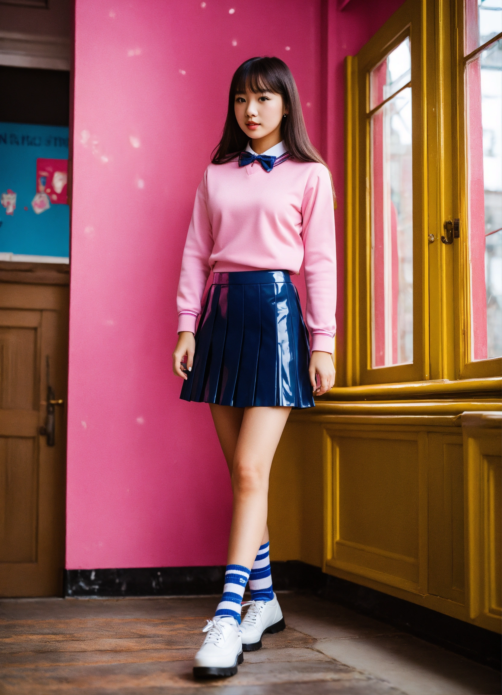 Lexica - Girl in glossy pink school uniform miniskirt