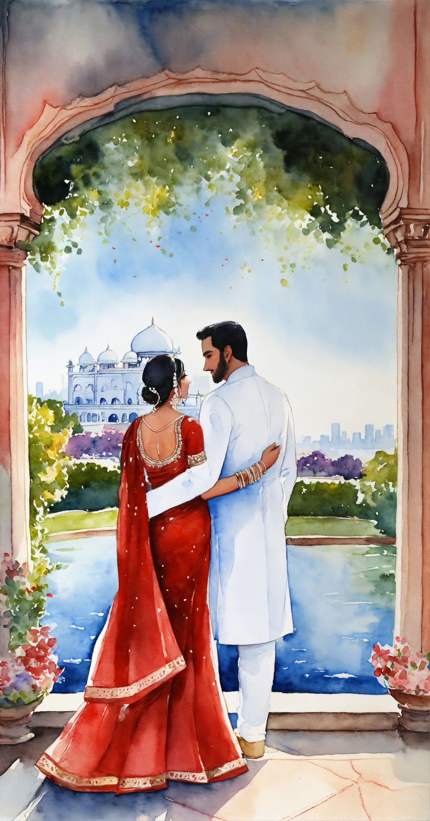 Lexica - Watercolour painting, back view, Indian bride, red saree ...