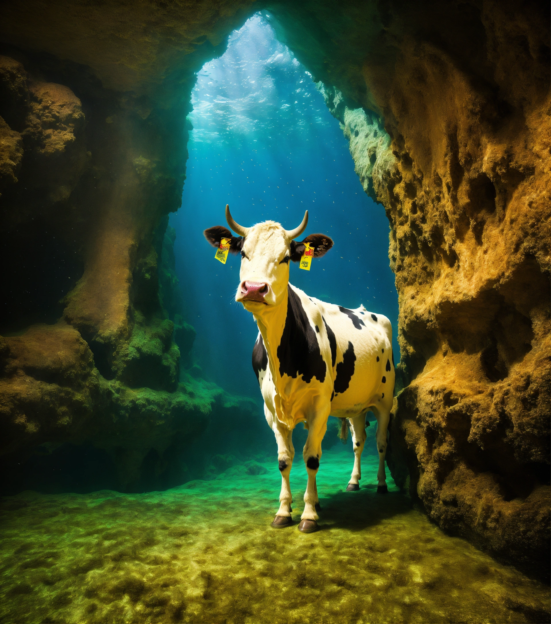 Lexica - A cow standing in an underwater cave hanging a board named ...