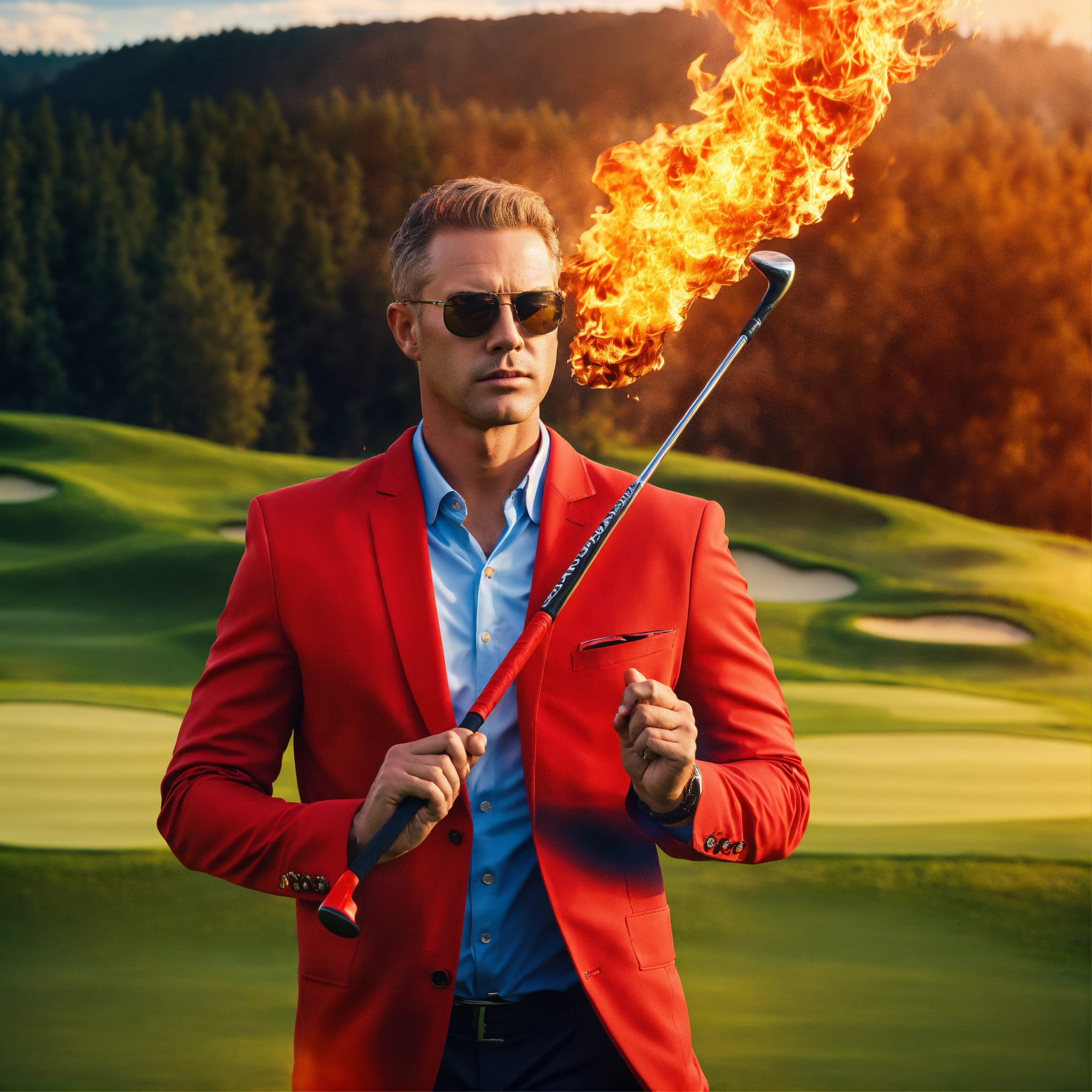 Lexica - 4k hd ultra realistic man red blazer, sunglasses. Holding golf ...