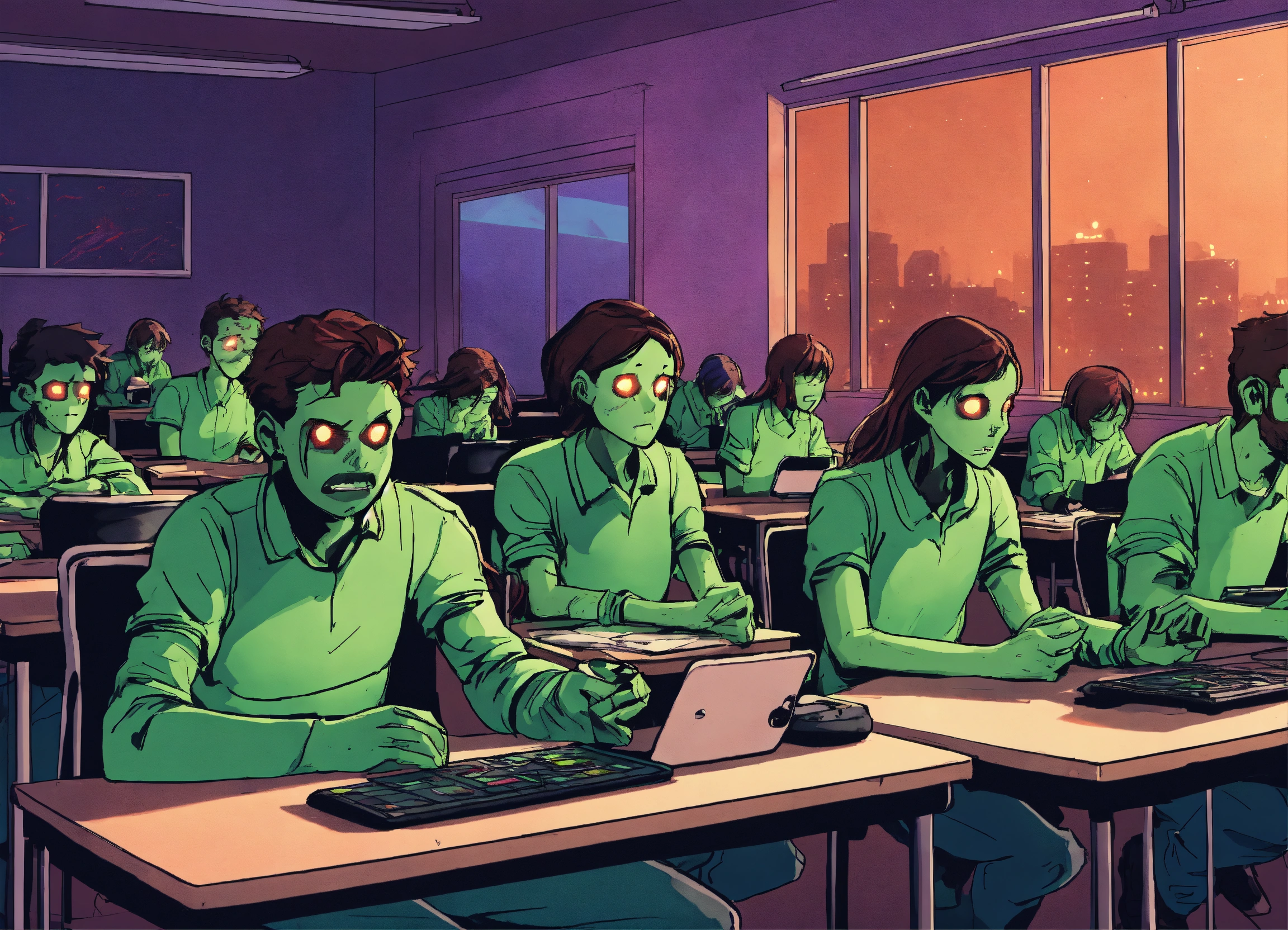 Lexica - Create a comic cartoon poster of a classroom at night where ...