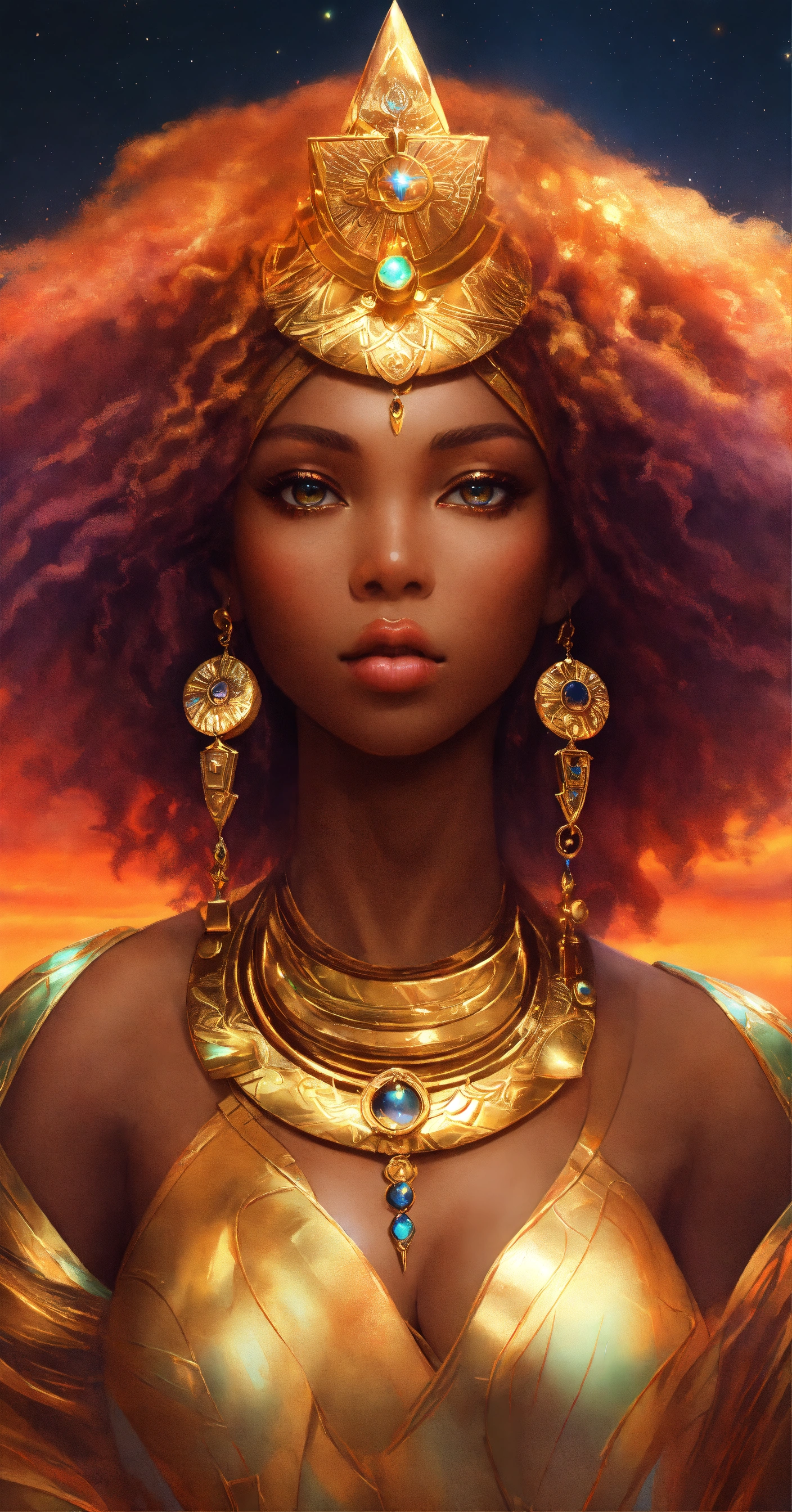 Lexica - Cute waifu, enigmatic African deity, afro-futurism, big amber eyes, hazel eyes, trendy ...