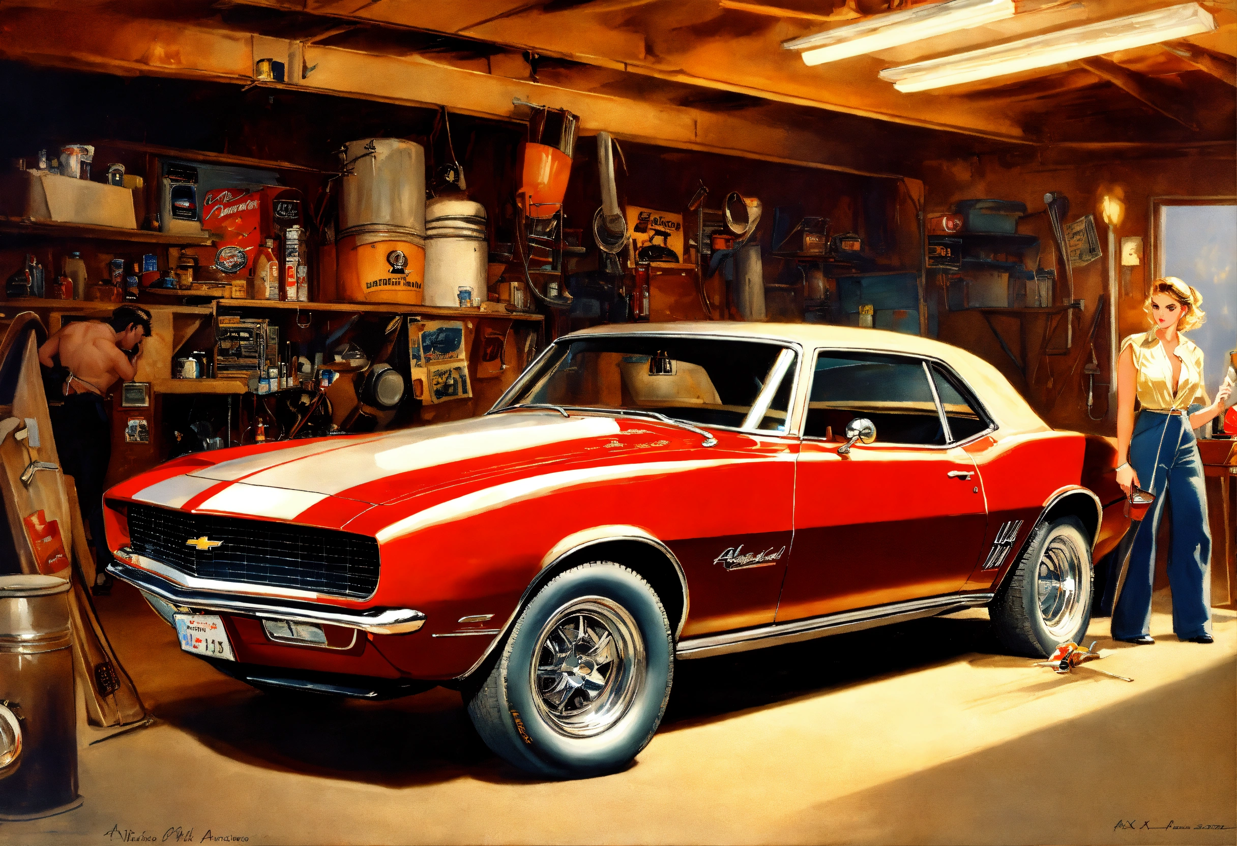 Lexica - Garage scene, vintage atmosphere, with a chevrolet camaro ...
