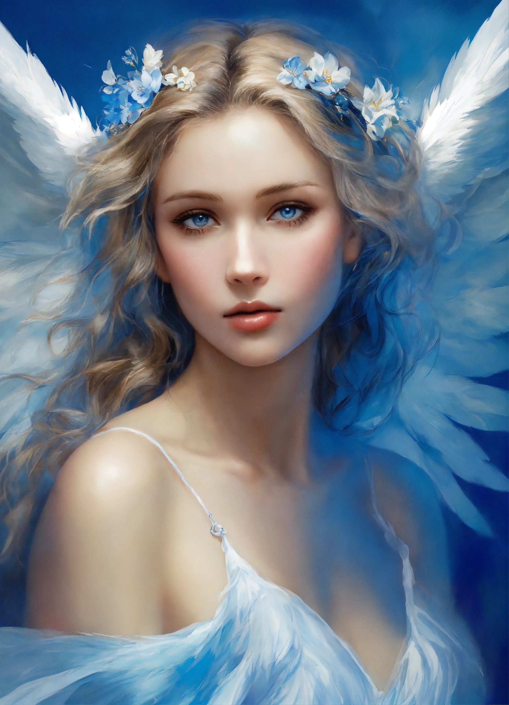 Lexica - Angel look like woman but realistick in white and blue colours ...