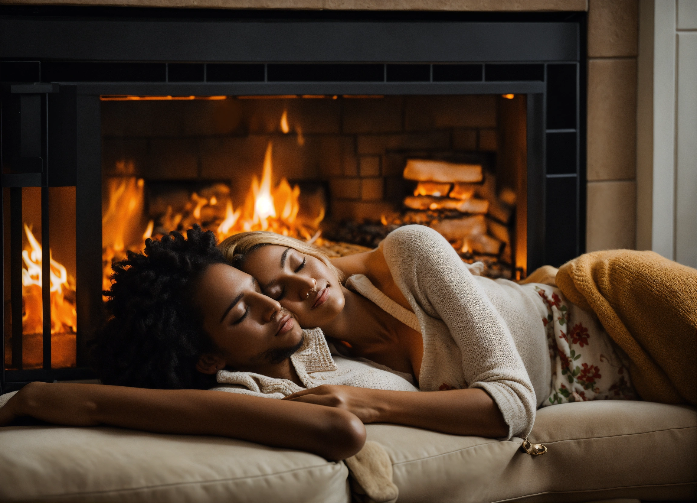 Lexica - Man a woman cuddling by the fireplace