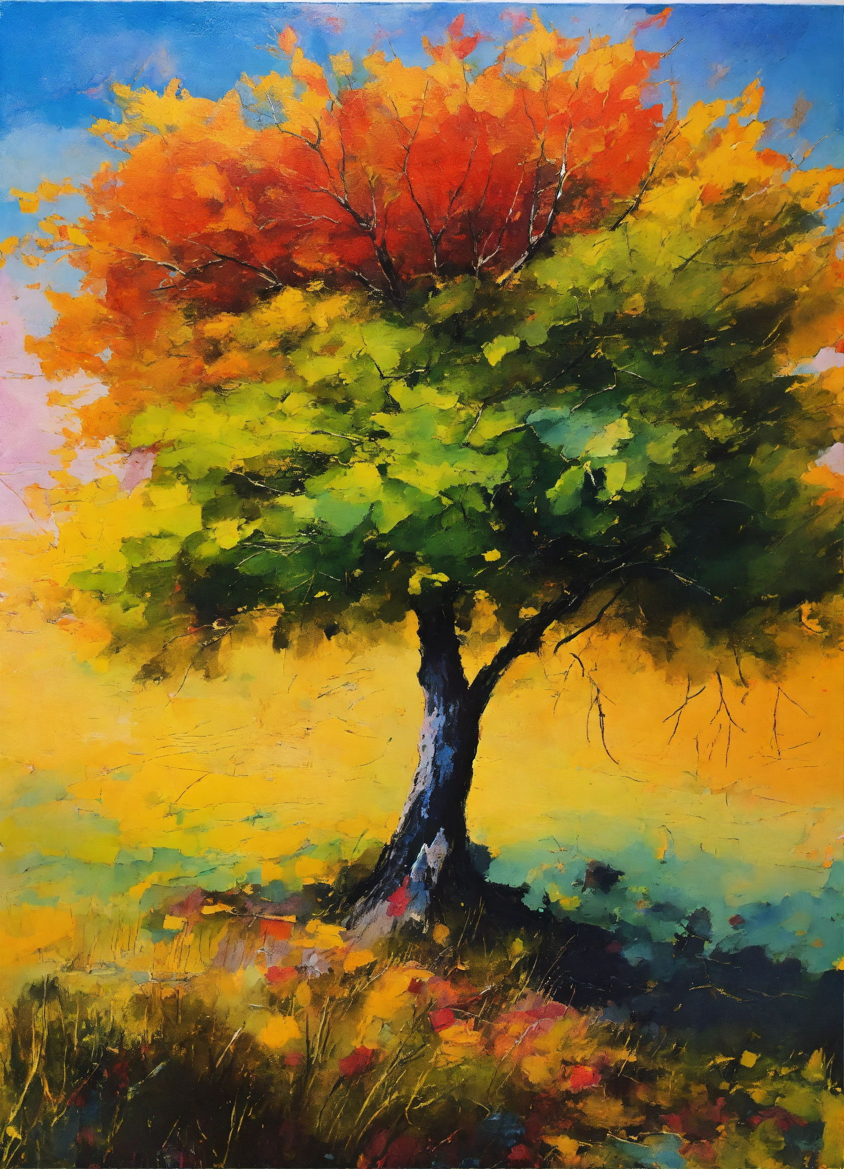 Lexica - Draw an old tree painting, mixing acrylics, palette knife and ...