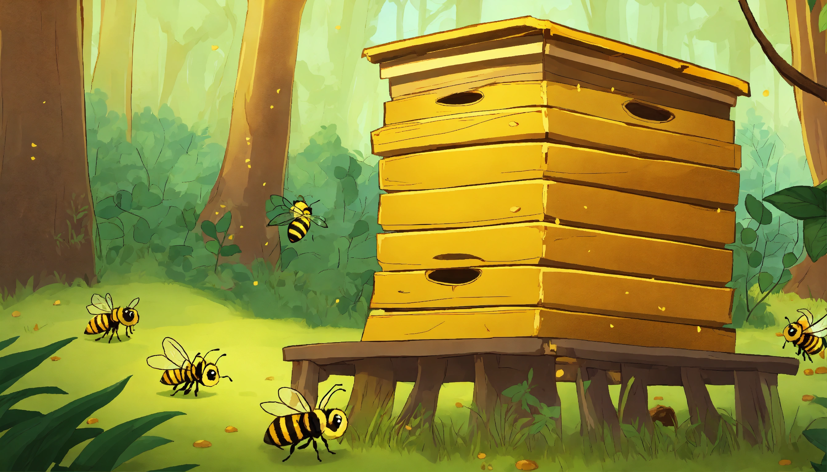 Lexica - A bee hive full of honey in the forest, cartoon