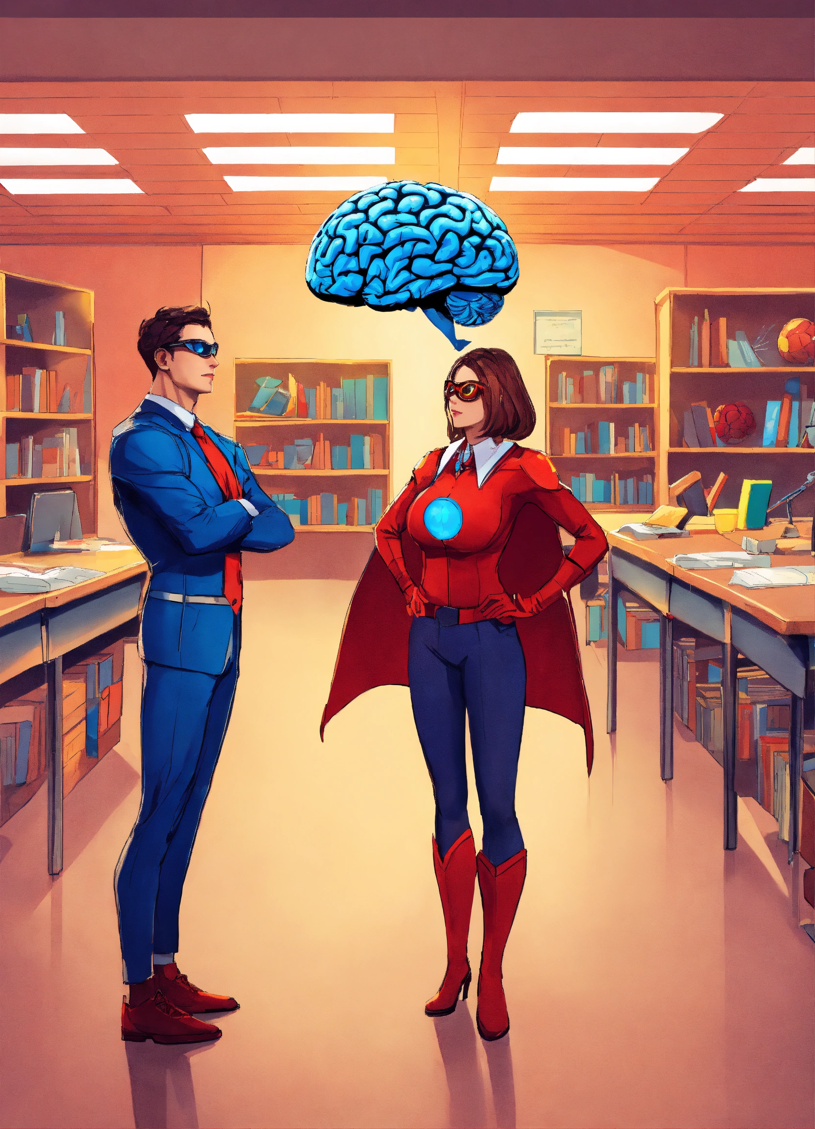 Lexica - A male and female teacher dressed as superheroes with a brain ...