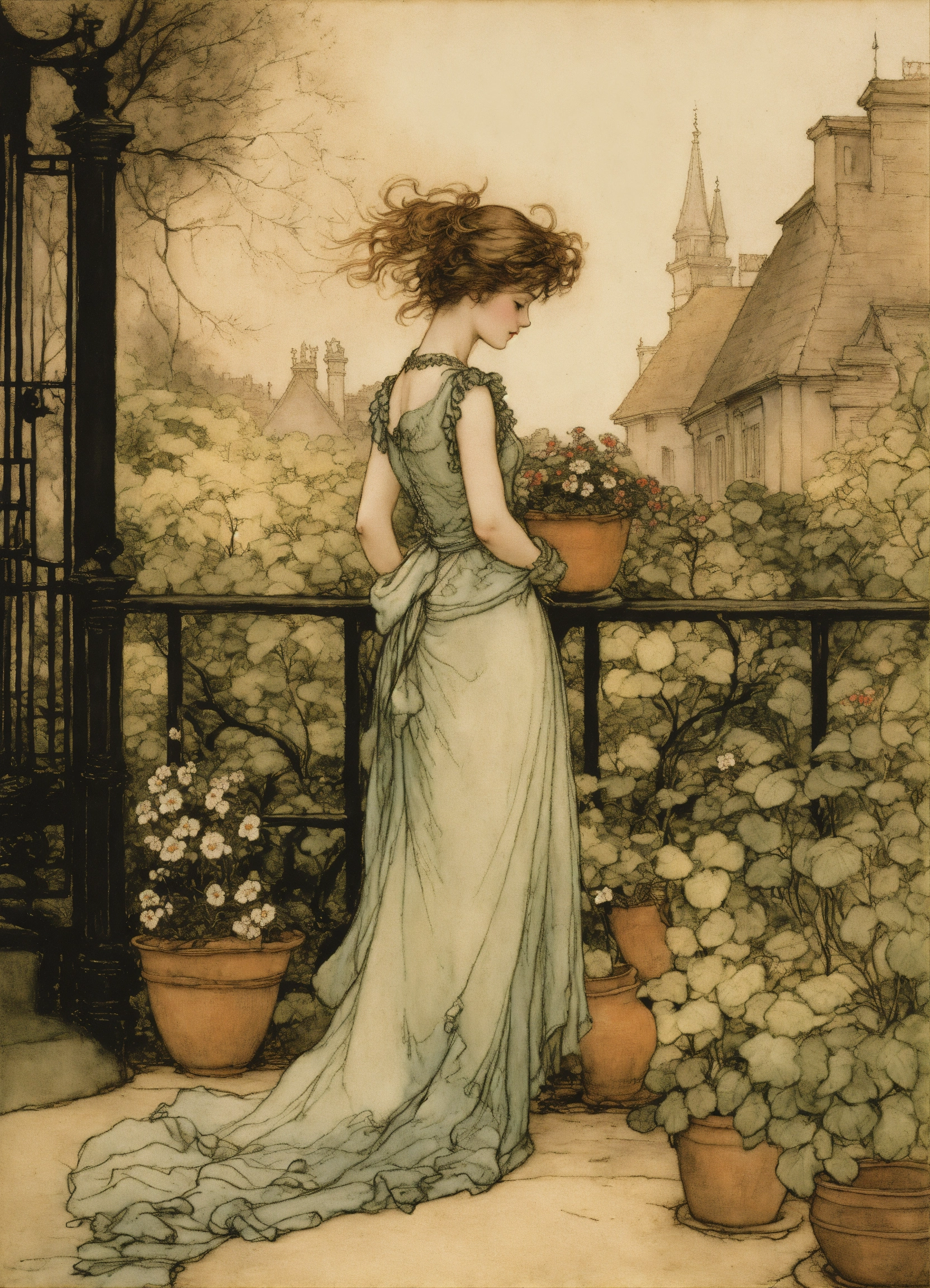 Lexica - '' A Young Woman in a Garden'' by Arthur Rackham