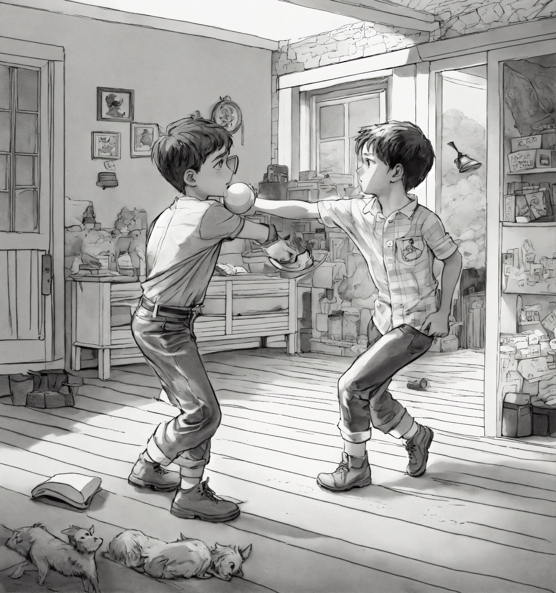 Lexica - Black and white illustration of a children's book. two boys ...
