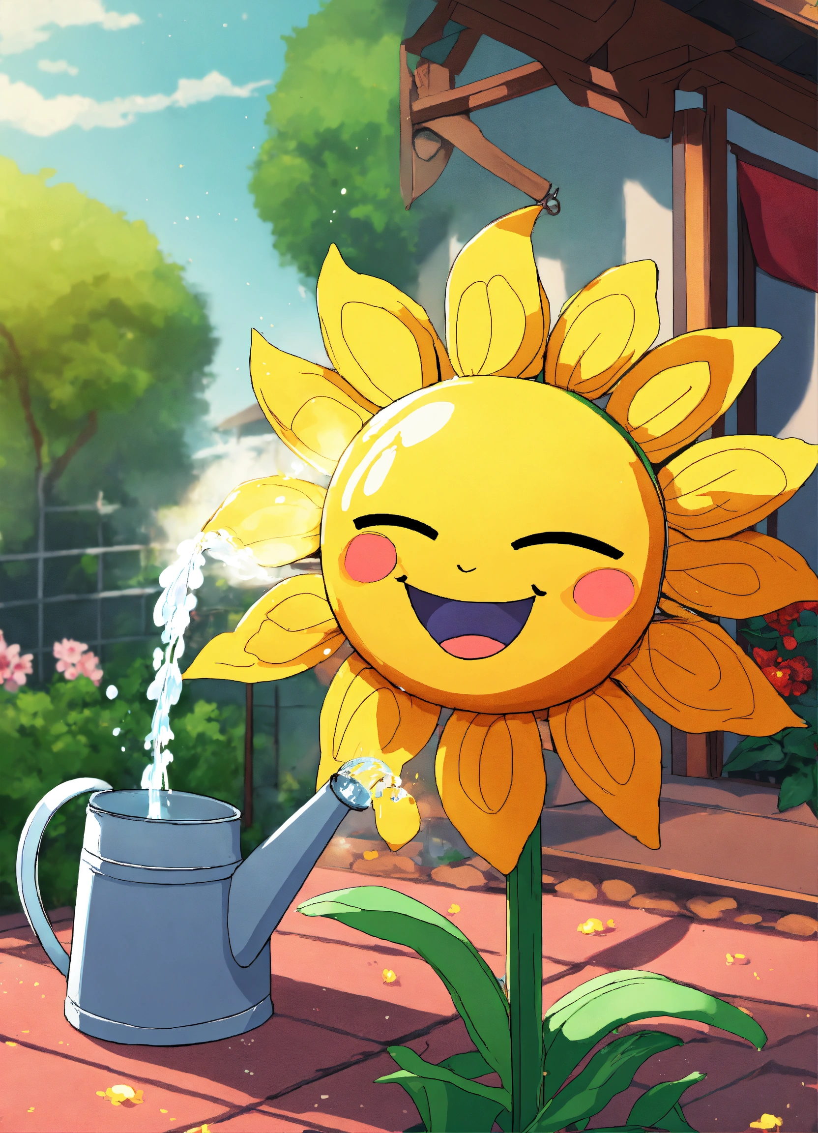 Lexica - A cartoon anime Sun with a face concentrating on watering ...