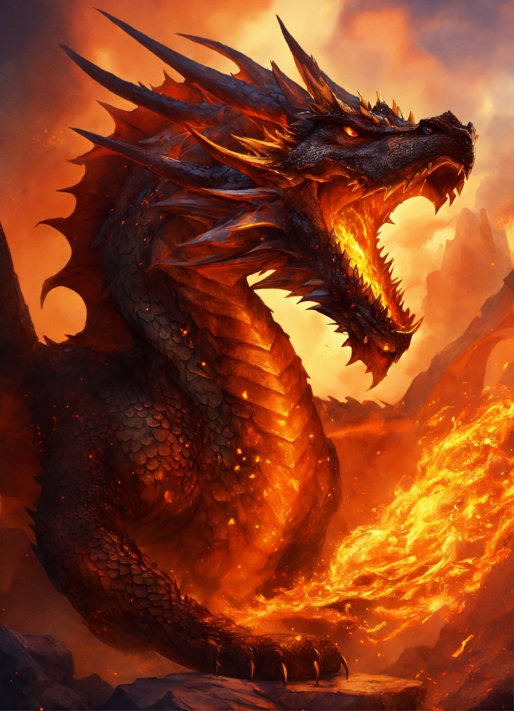 Lexica - A mighty dragon with scales gleaming like molten lava, capable ...