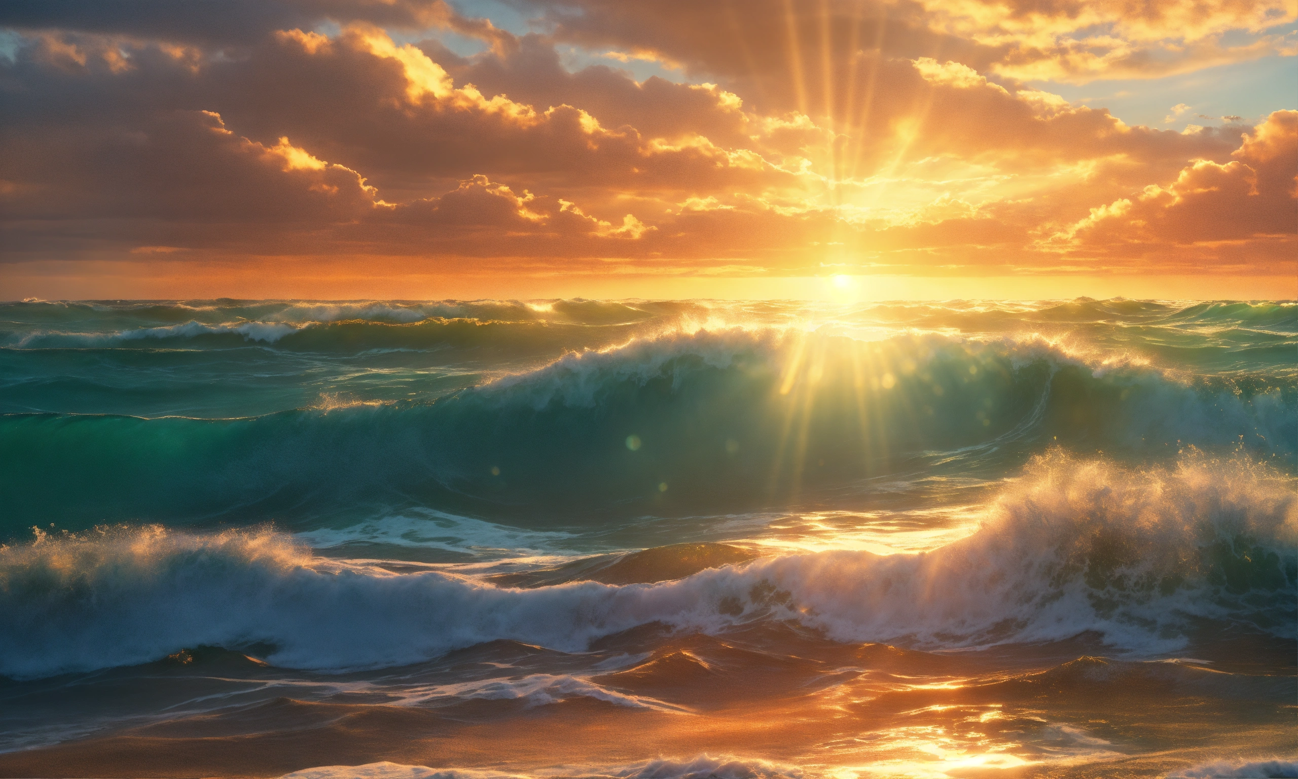 Lexica - Close up ocean waves field with rays of sunlight, lots of ...