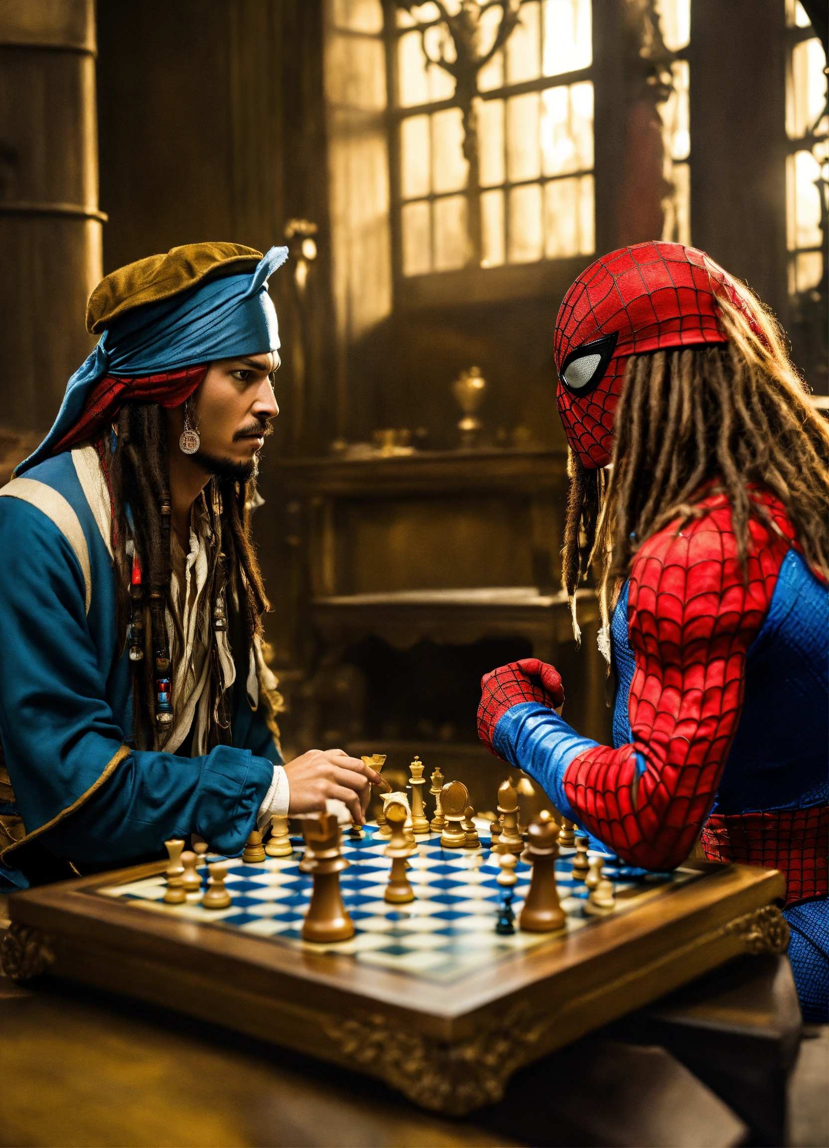 Lexica - Spiderman playing chess with jack sparrow