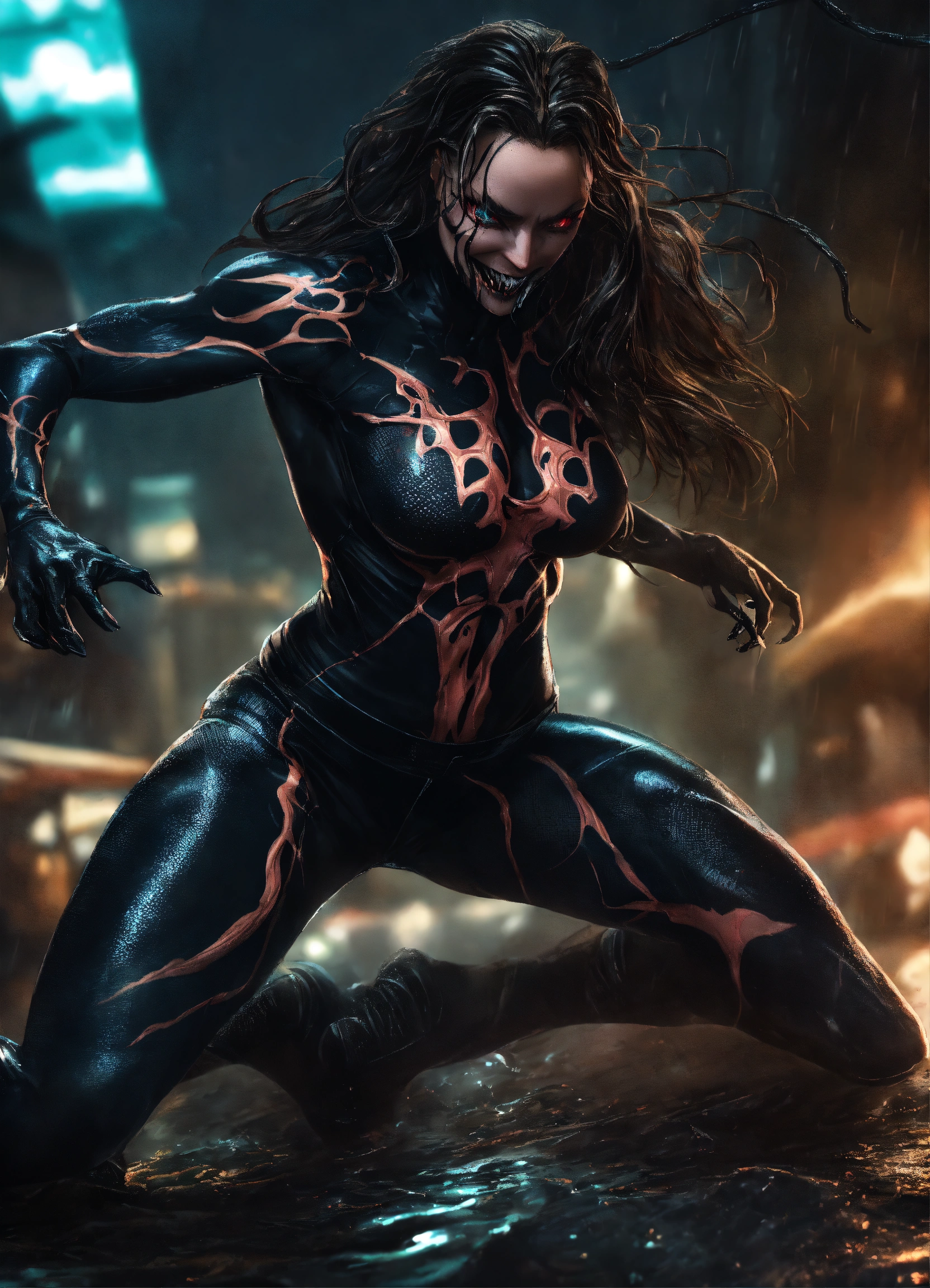 Lexica - An ultrarealistic full body photo of woman in short pants fighting venom symbiote ...