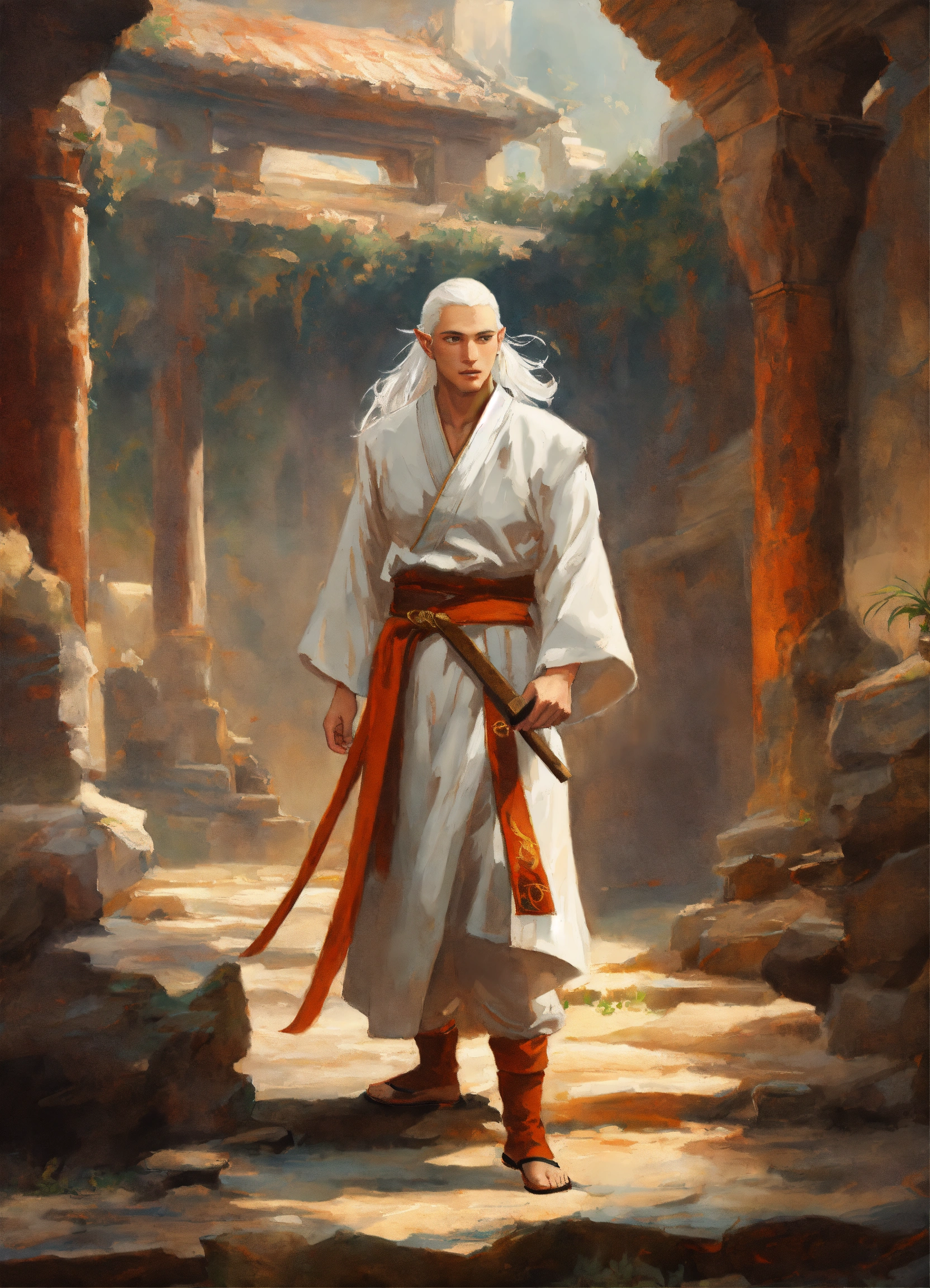 Lexica - White haired elf monk in martial artist robes with Stalf in ...