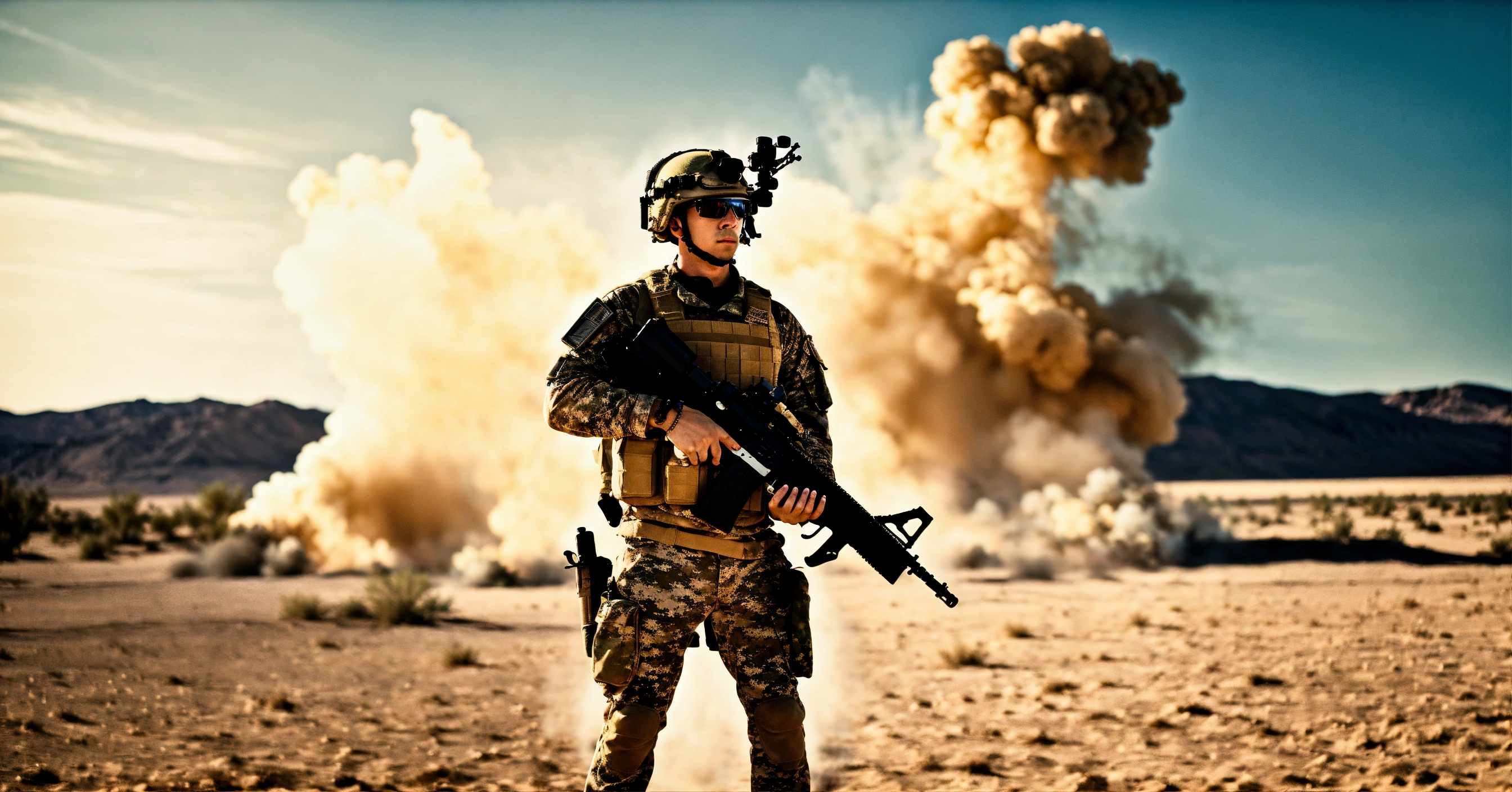 Lexica - Portrait of a lone solder with an AR-15 in the desert ...