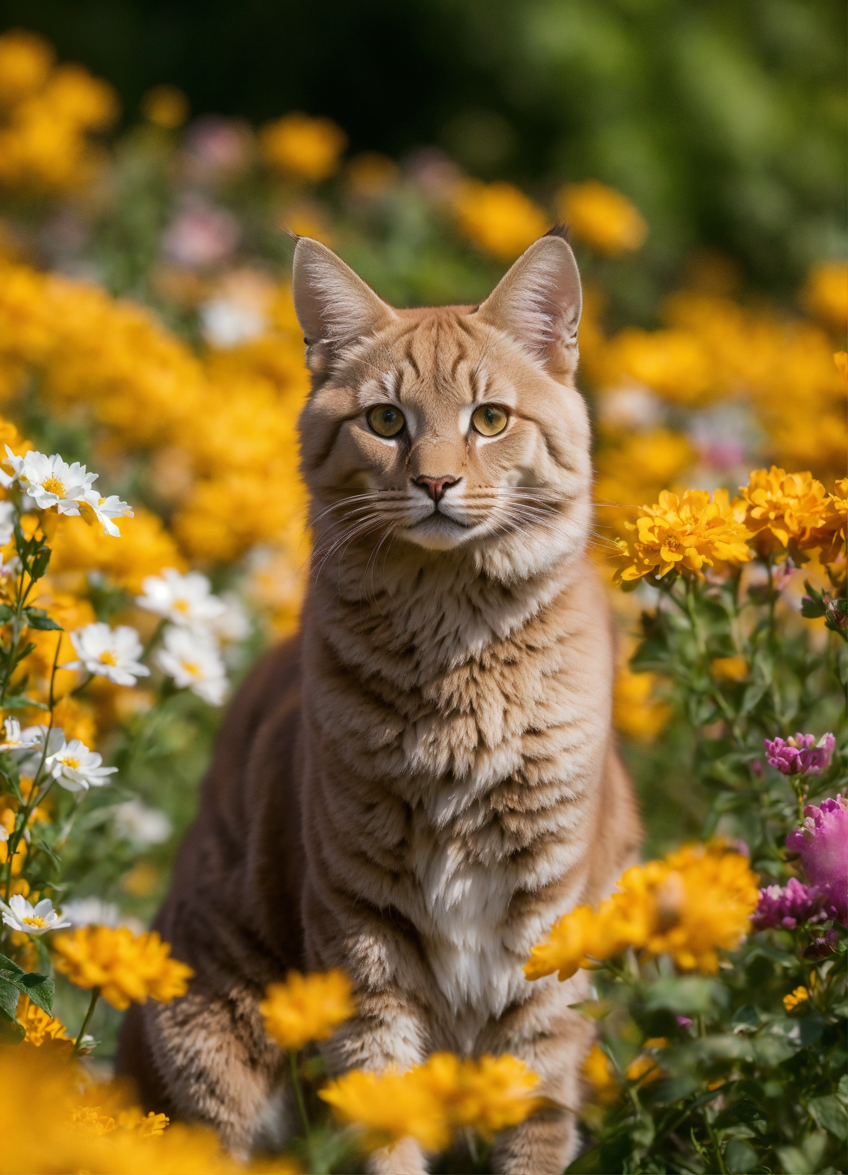 Lexica - Main coone in the flowers with 8k and nikon look und 2,8 blende