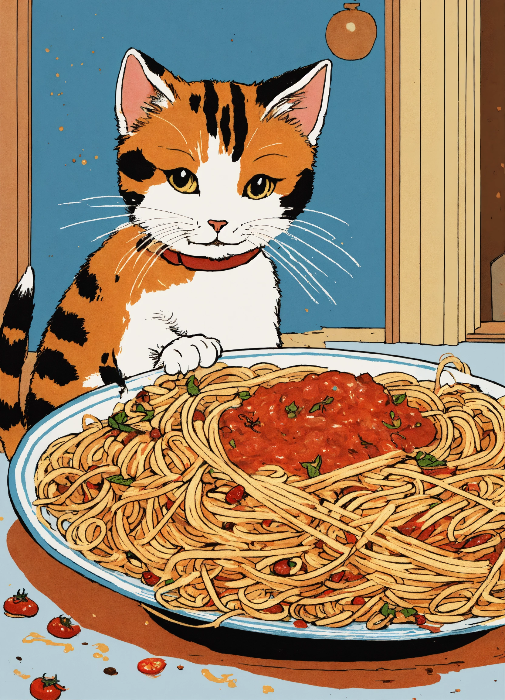 Lexica - A cute white with brown spots cat eating messy spaghetti with ...