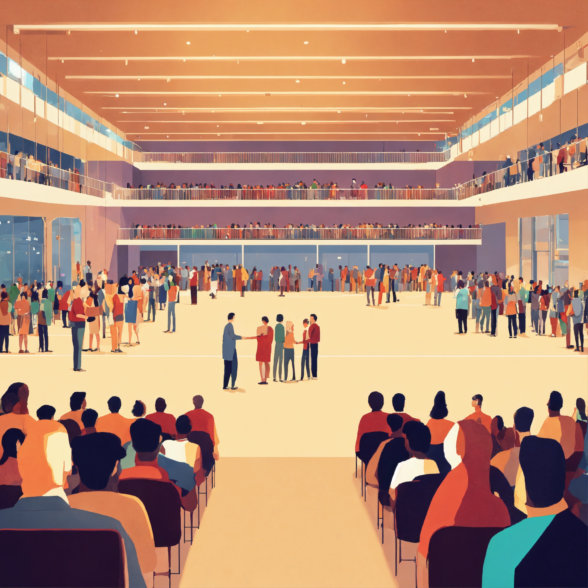 Lexica - People gathering in a big hall, happy to see each other ...