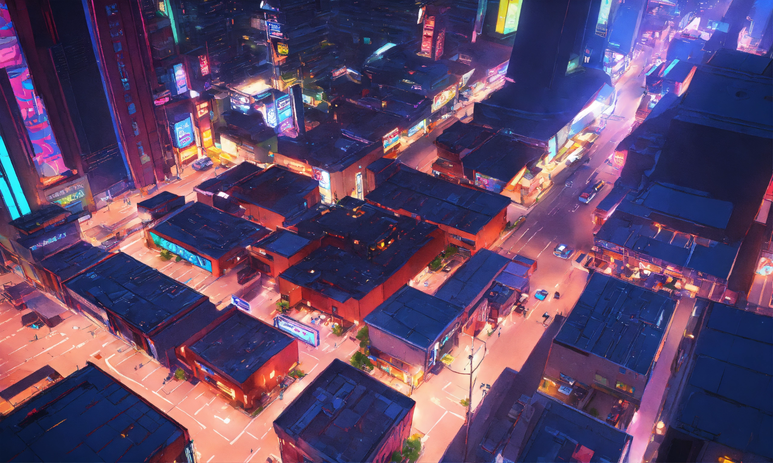 Lexica - 80s anime style, overhead shot of futuristic downtown streets