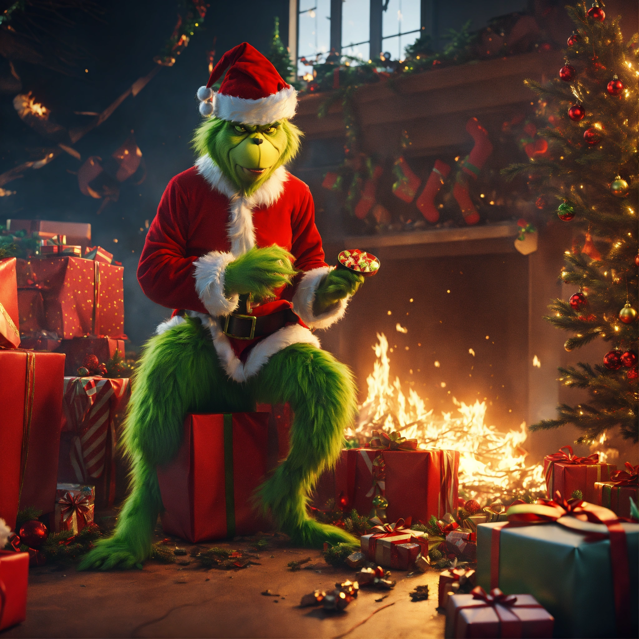 Lexica - A classical painting of evil Grinch standing around destroyed ...