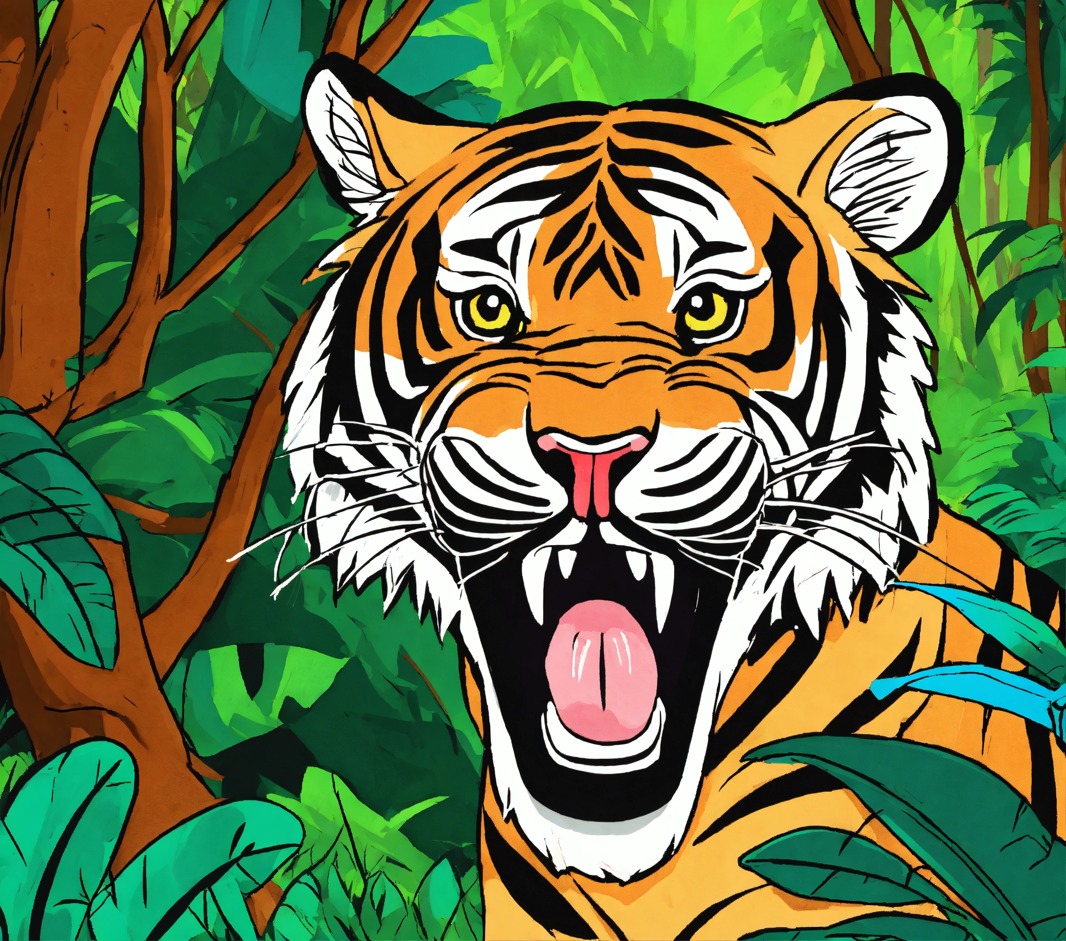 Lexica - Tiger screaming in the jungle. Drawing kid style color