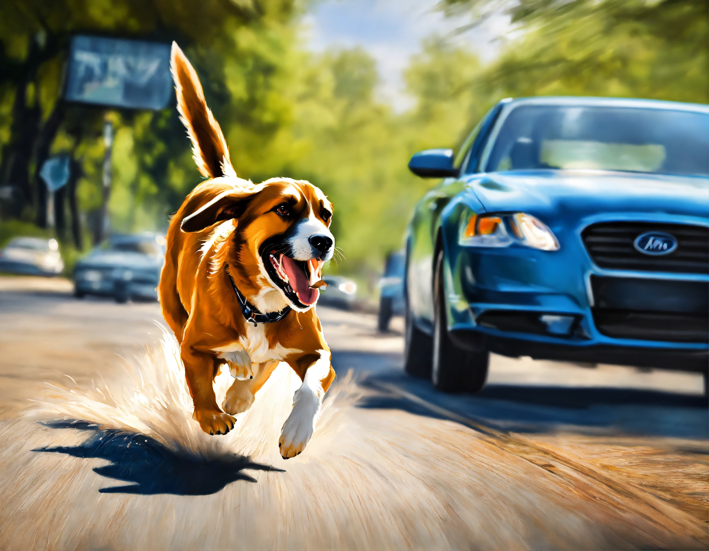 Lexica - A photo realistic painting of a dog chasing after a car.