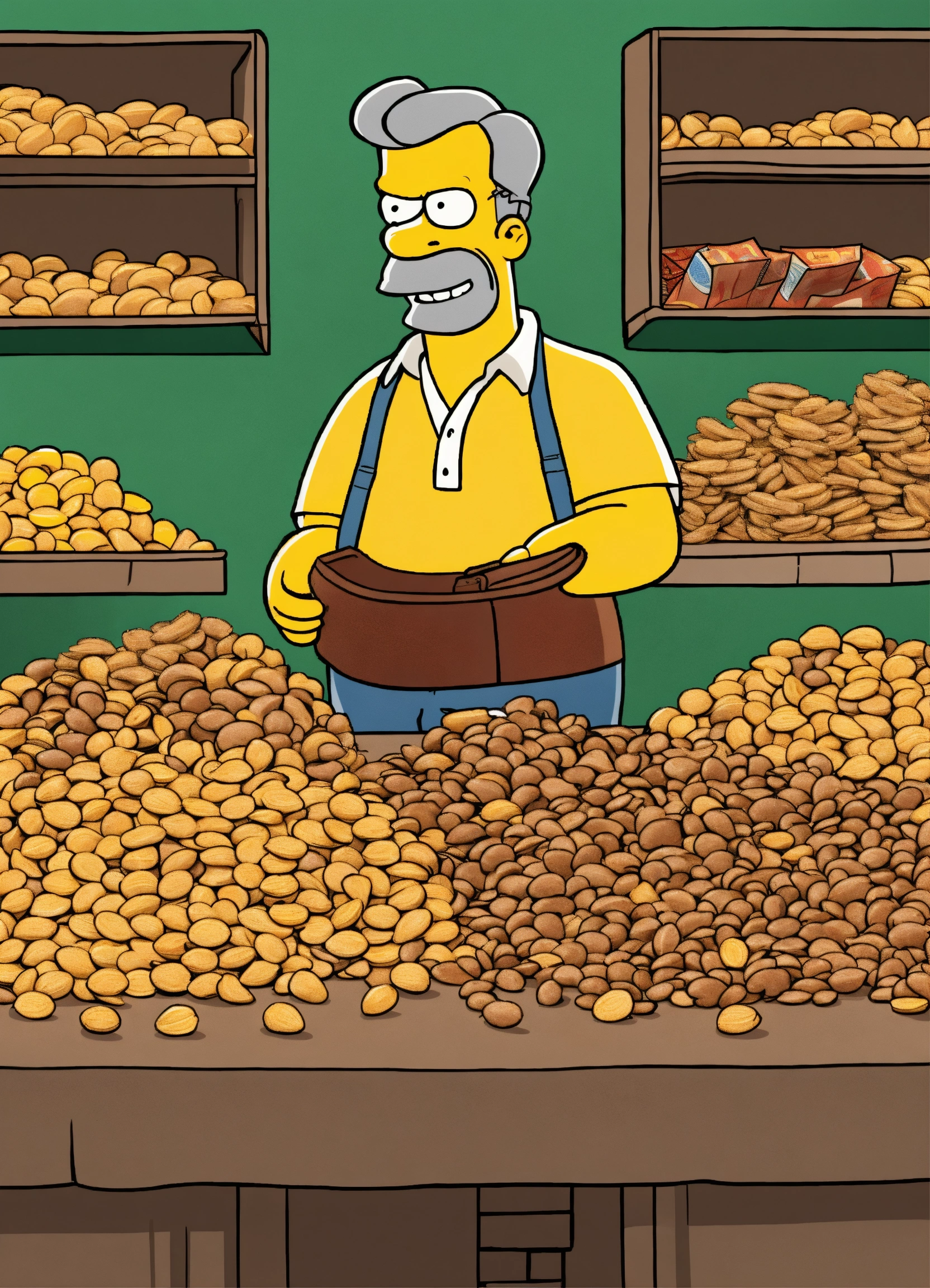 Lexica - A man stands at a table and sells nuts. There are huge stacks ...