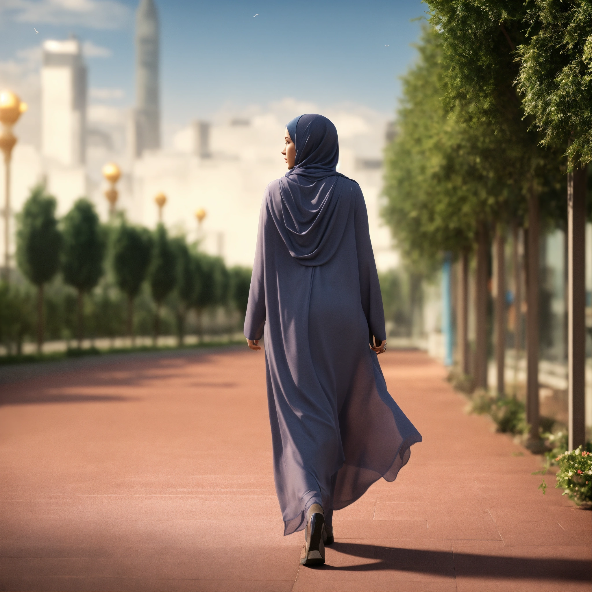 Lexica - Realistic render full body, she is walking away, wearing hijab