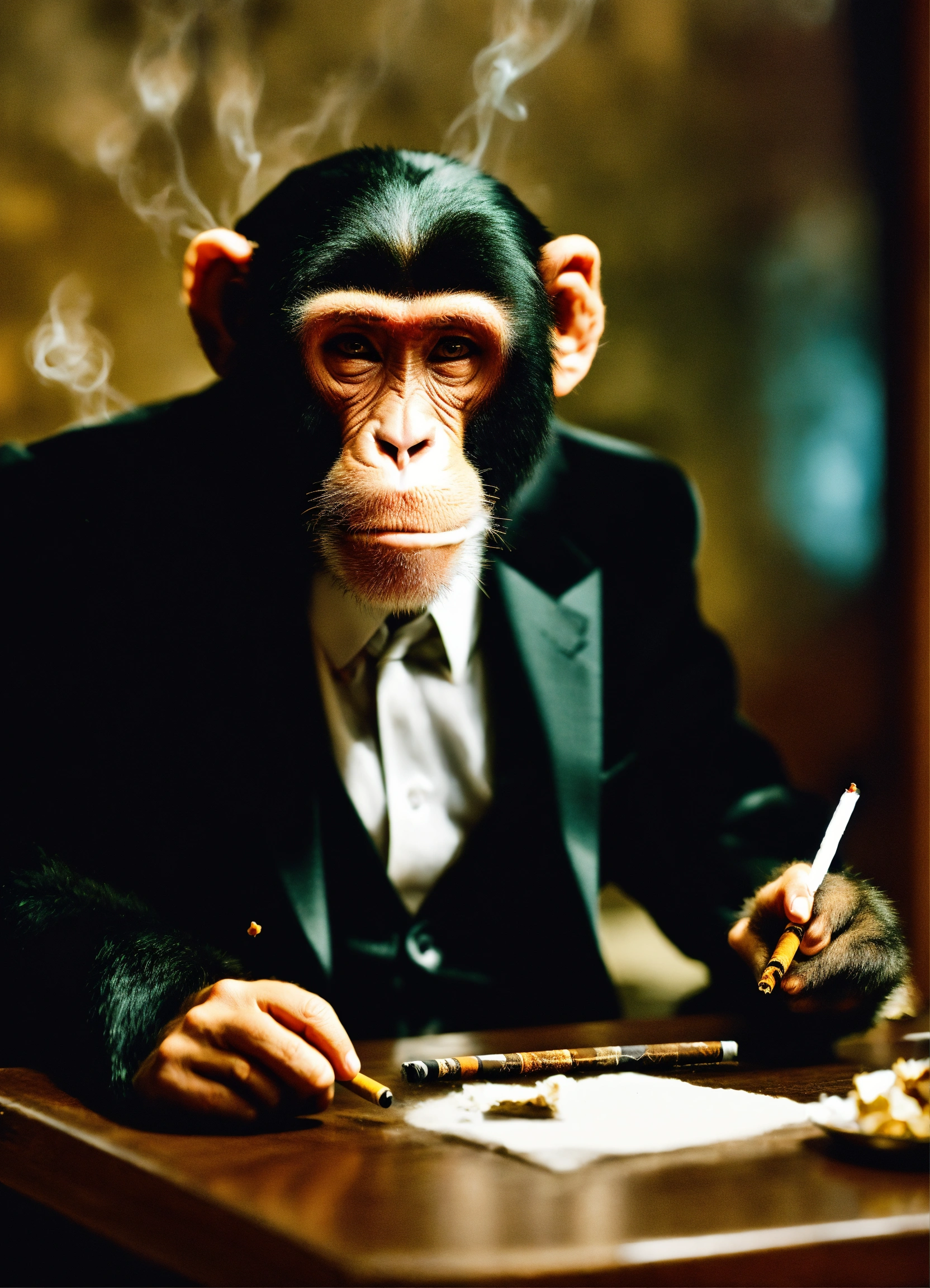 Lexica - Elegant monkey, black suit, smoking a very smoky cigarette ...