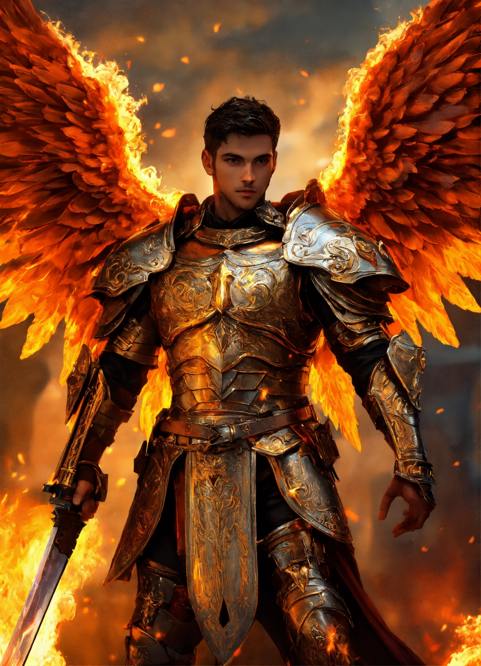 Lexica - Male Angel in body armor with flaming sword