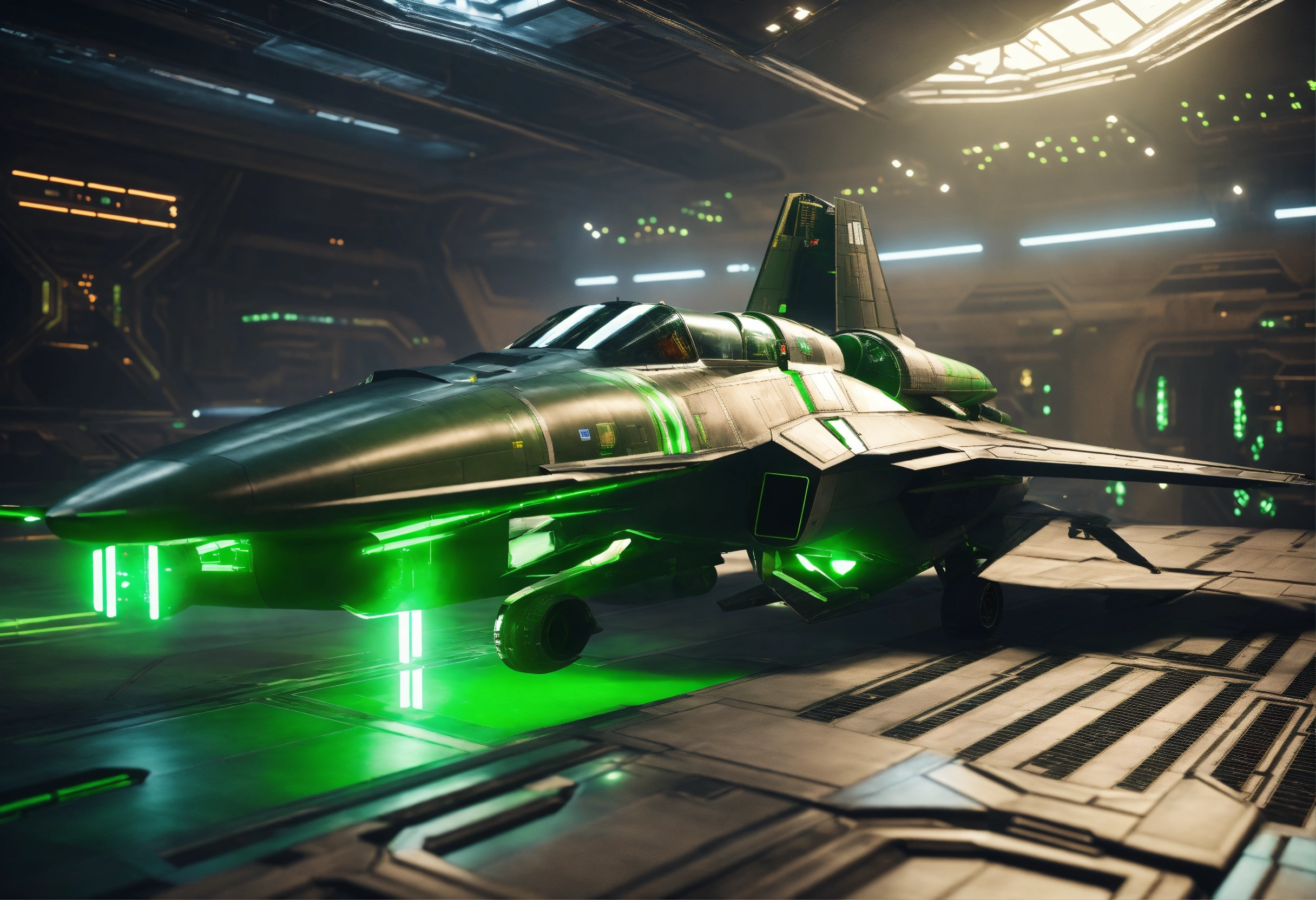 Lexica - Sci fi black and green space fighter aircraft, symmetrical ...