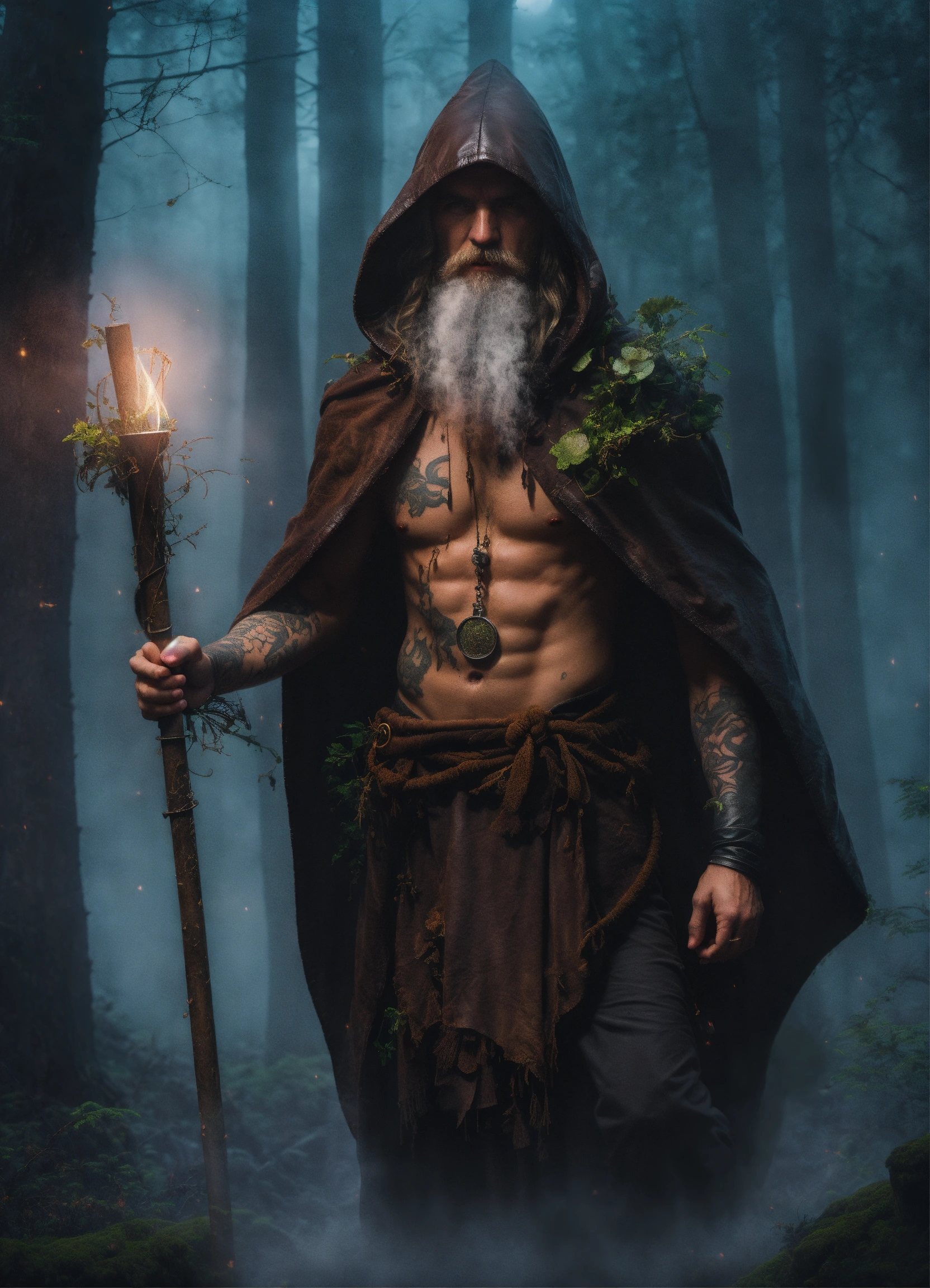 Lexica - In the style of Brom, a thin shirtless tattooed insane hermit ...