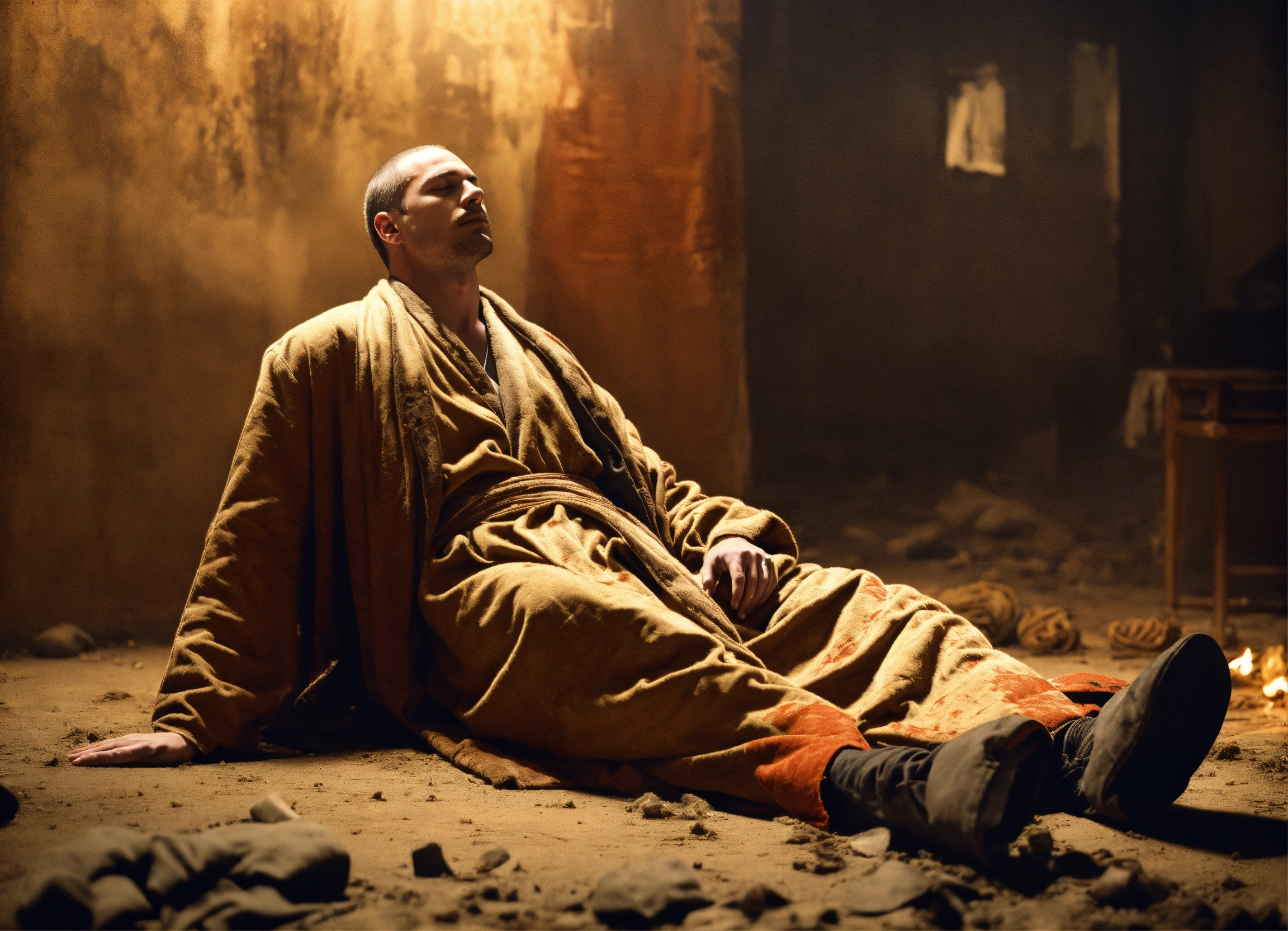 Lexica - A man, in dirty robes, laying on the ground, sharp, realistic