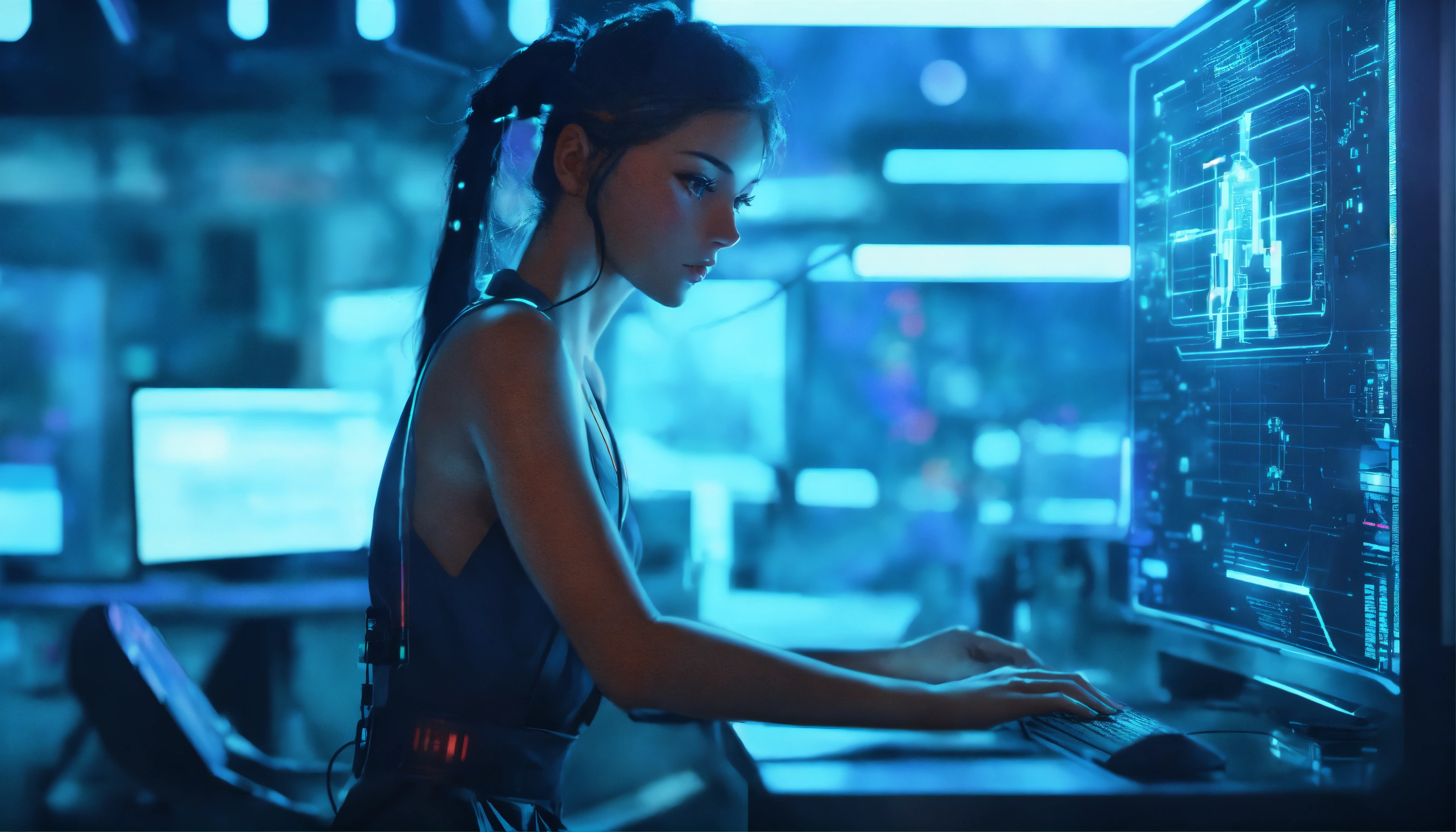 Lexica - Working woman in futuristic laboratory near glowing hologram, zoom out, cyberpunk style ...